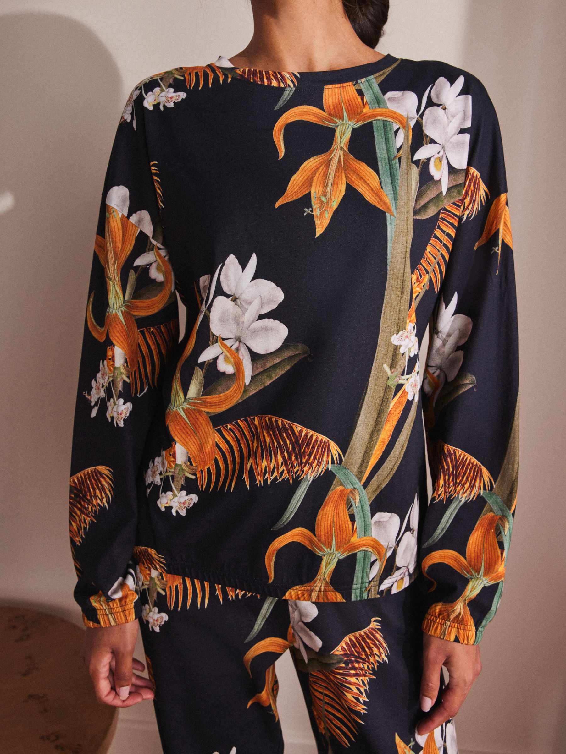 Buy Black/Orange Floral Kew Collection 100% Cotton Long Sleeve Pyjamas ...