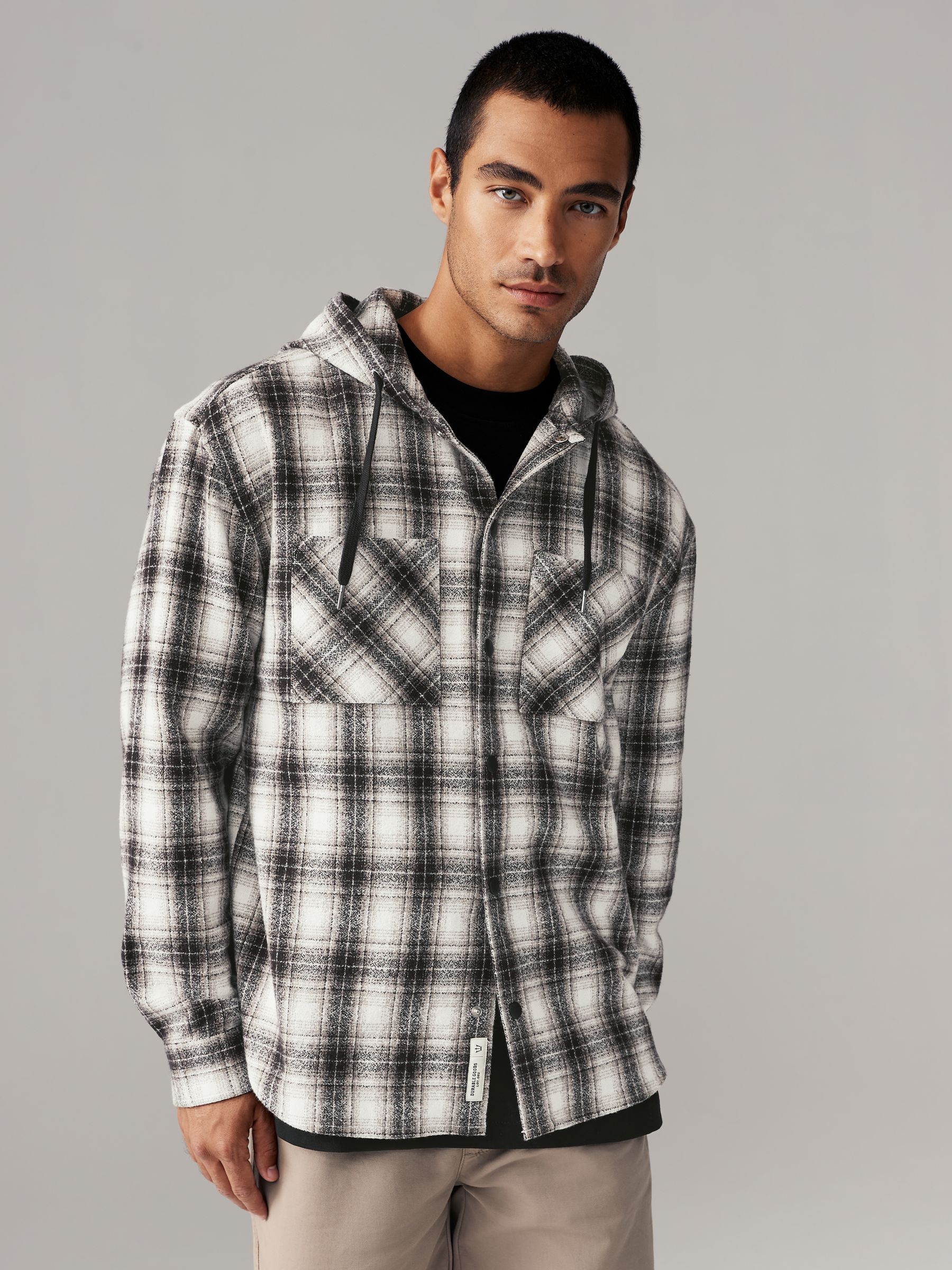 Buy Black/White Check 100% Cotton Hooded Shacket Overshirt from the ...