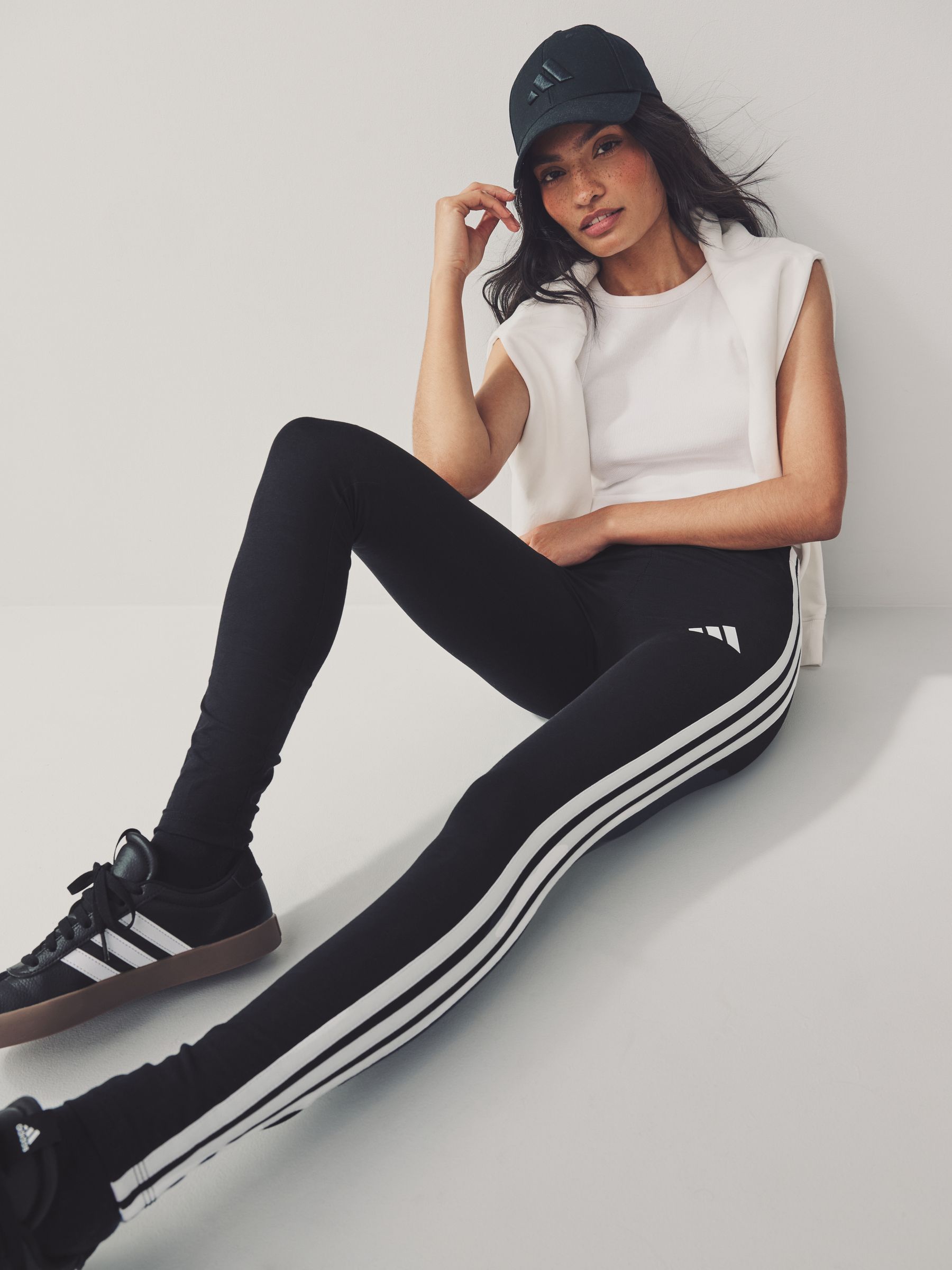 Buy adidas Black White Essentials 3-Stripes Cotton Leggings from the ...