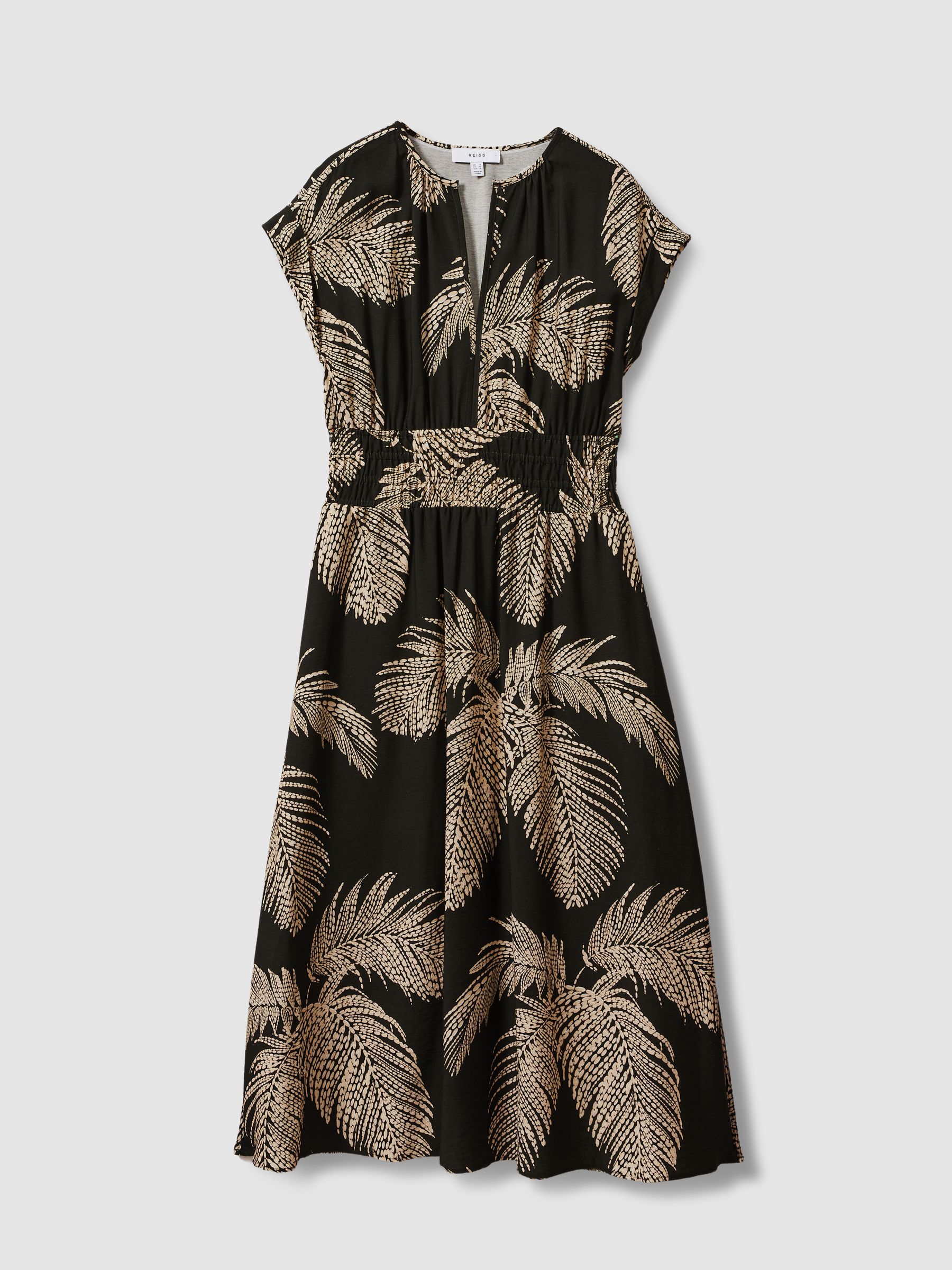 Buy Reiss Khaki Colby Tropical Print Elasticated Waist Midi Dress from ...
