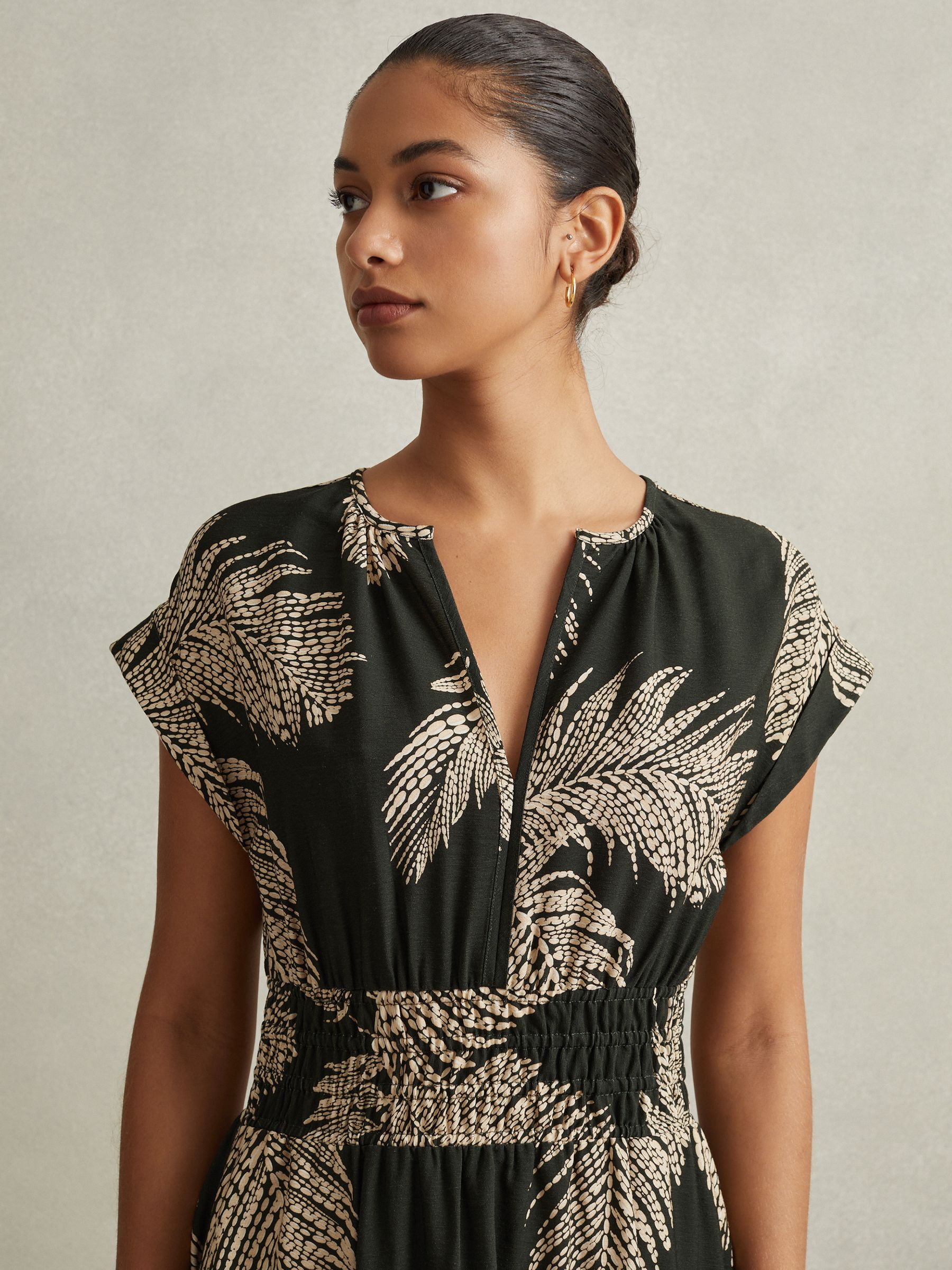 Buy Reiss Khaki Colby Tropical Print Elasticated Waist Midi Dress from ...