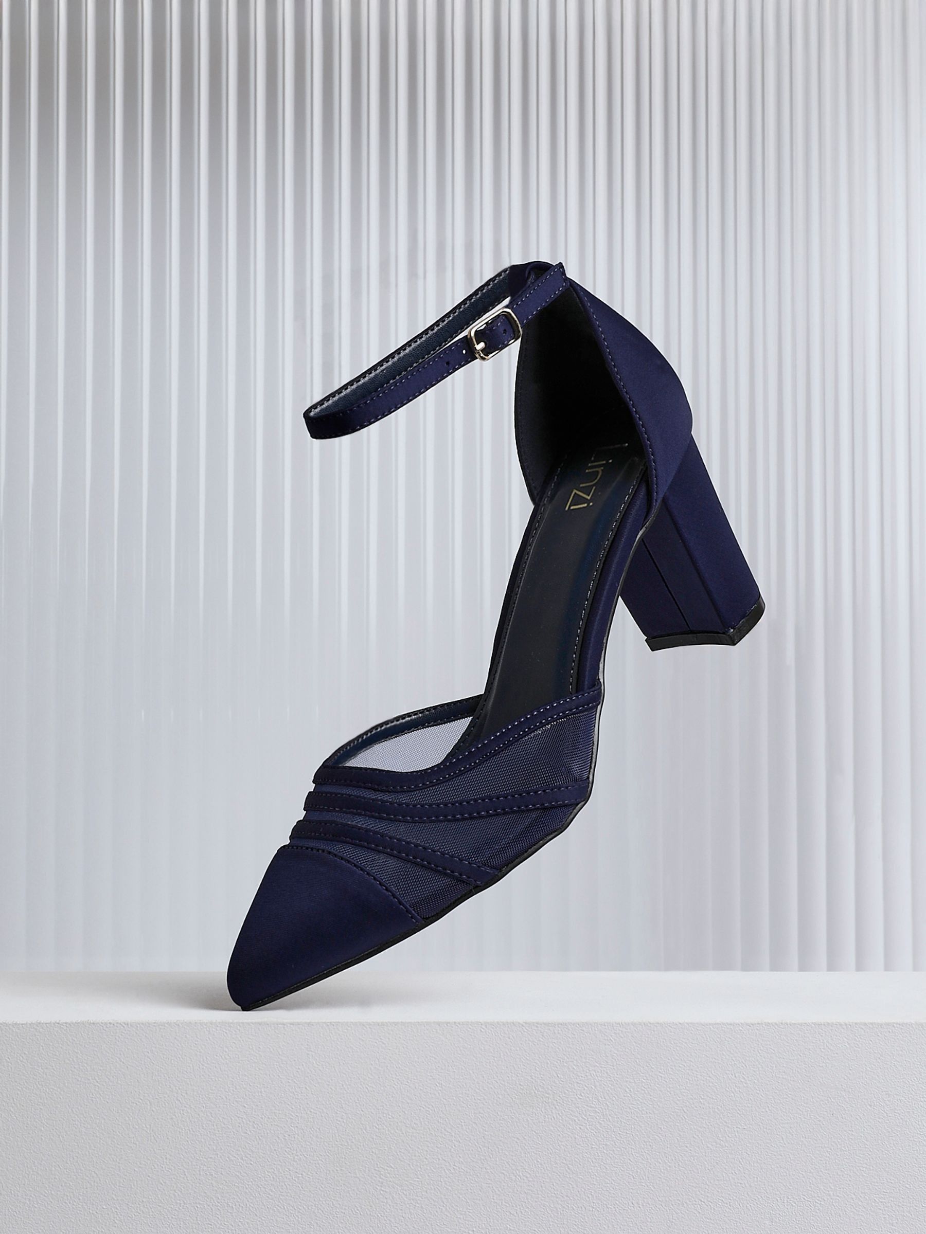 Buy Linzi Blue Tasha Block Court Heels Shoes With Mesh Front Detail ...