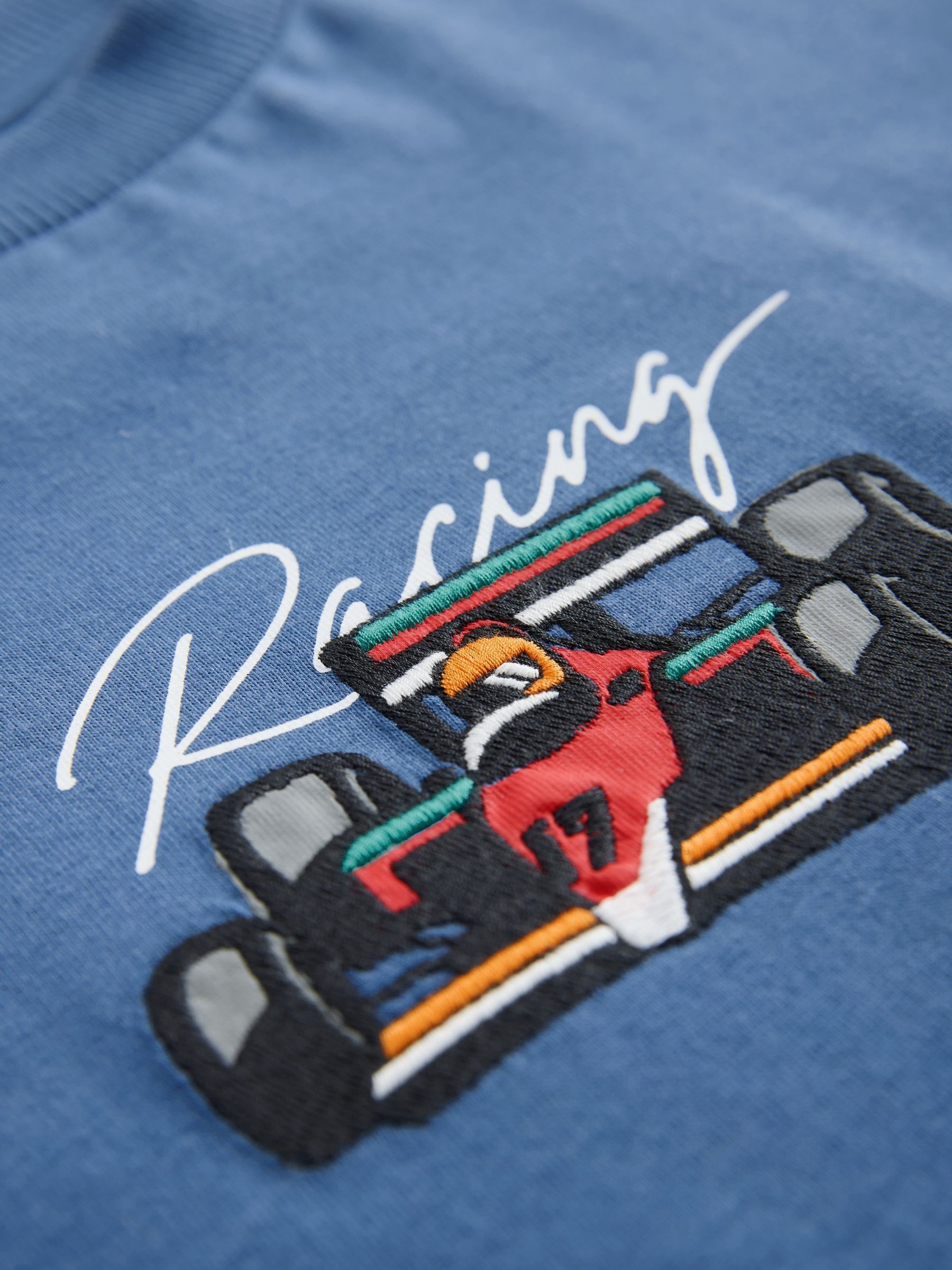 Buy Blue Embroidery Racing Car Relaxed Fit Short Sleeve Graphic Print T ...
