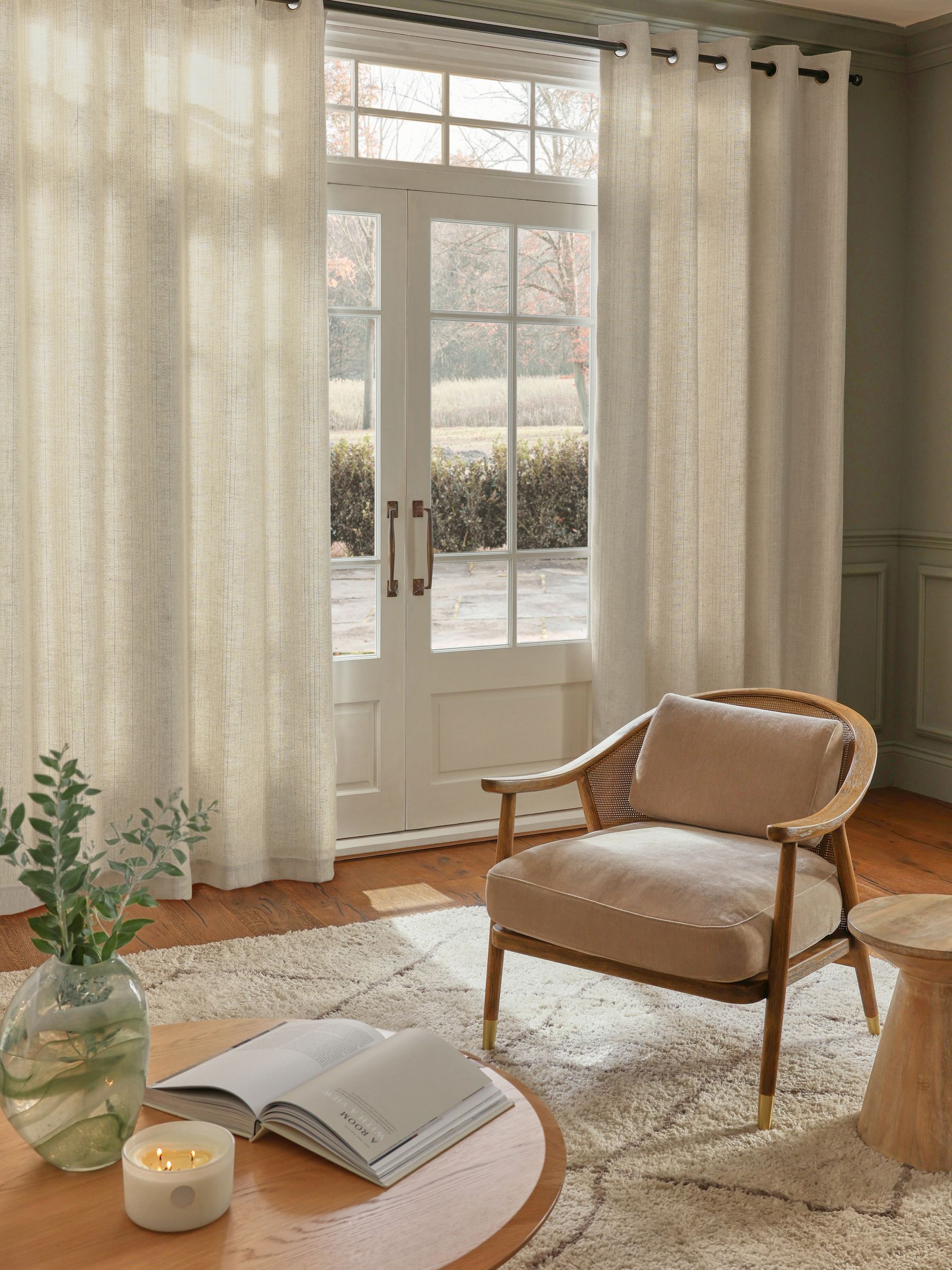 Buy Natural Woven Subtle Stripe Linen Blend Eyelet Lined Curtains from ...