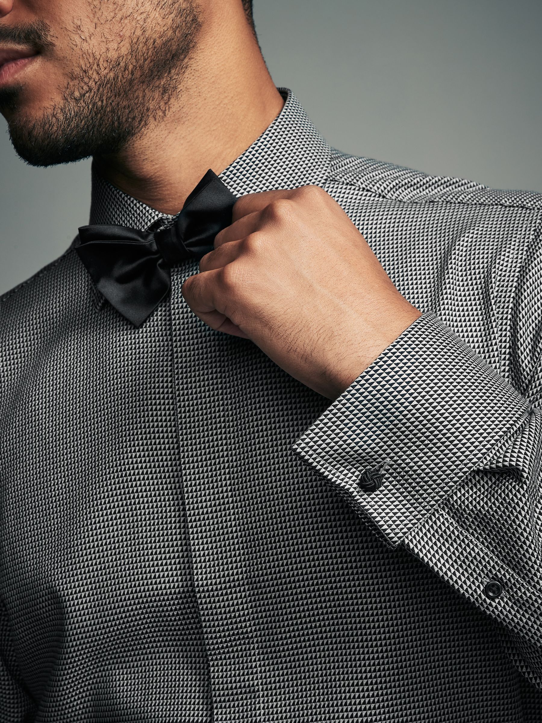 Buy Grey Textured/Black Slim Fit Double Cuff Shirt And Bow Tie Pack ...