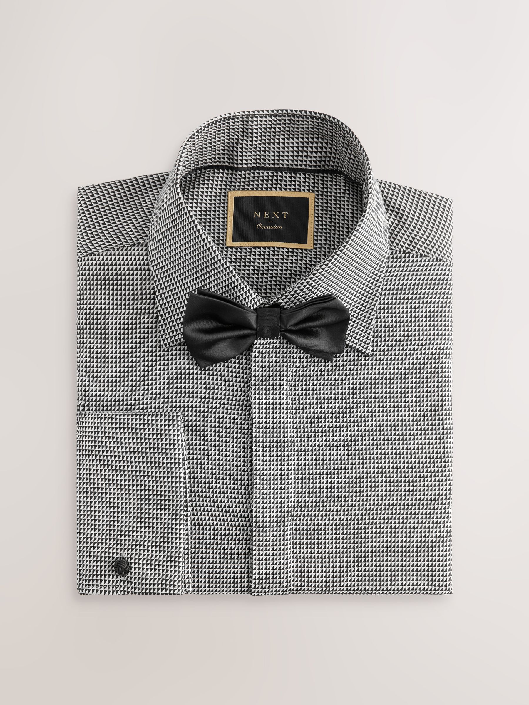 Buy Grey Textured/Black Slim Fit Double Cuff Shirt And Bow Tie Pack ...