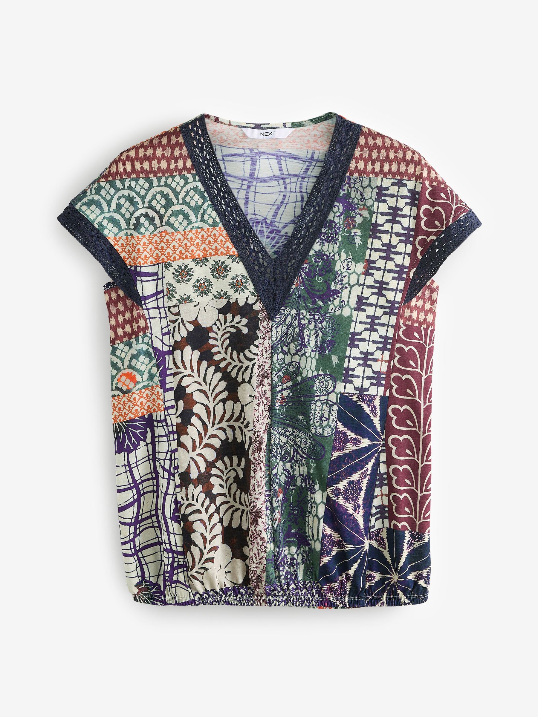 Buy Blue Patch Print Short Sleeve Lace V-Neck Bubblehem 100% Cotton Top ...