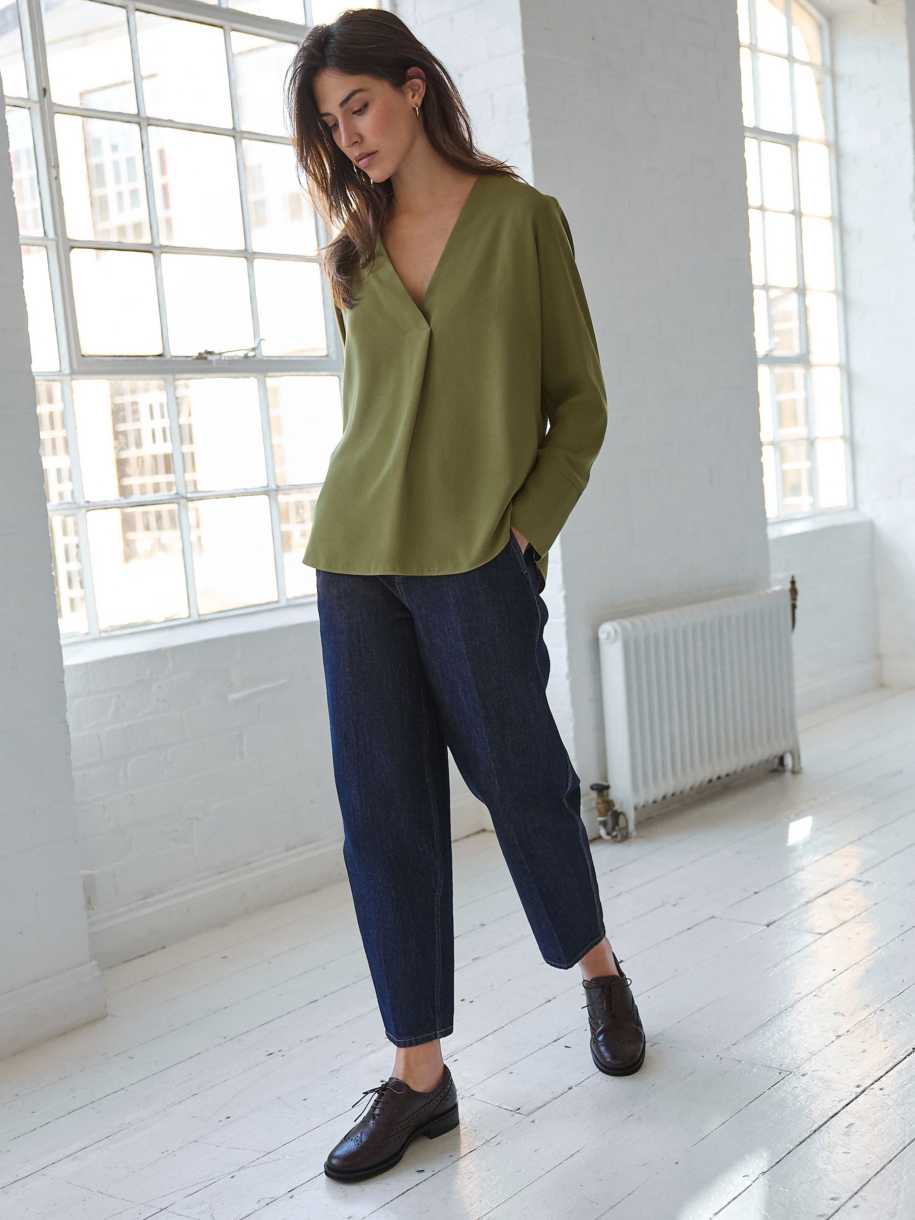 Buy Olive Green Relaxed Fit Long Sleeve Overhead V-Neck Blouse from the ...