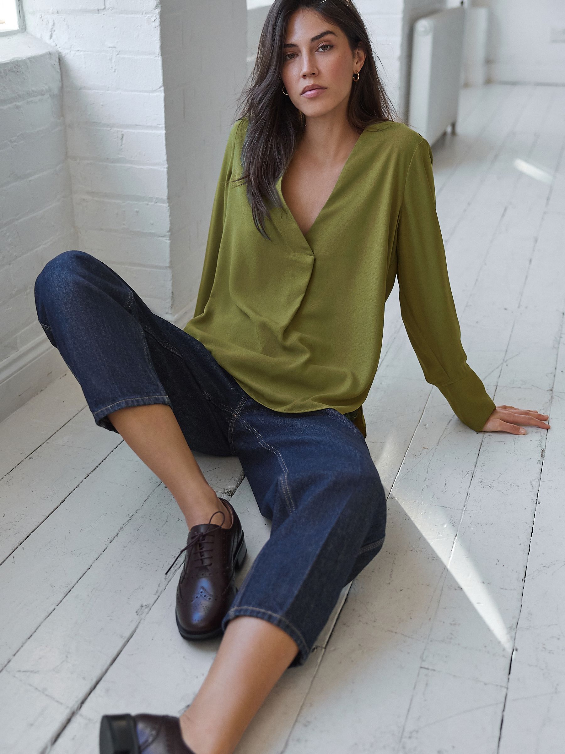 Buy Olive Green Relaxed Fit Long Sleeve Overhead V-Neck Blouse from the ...
