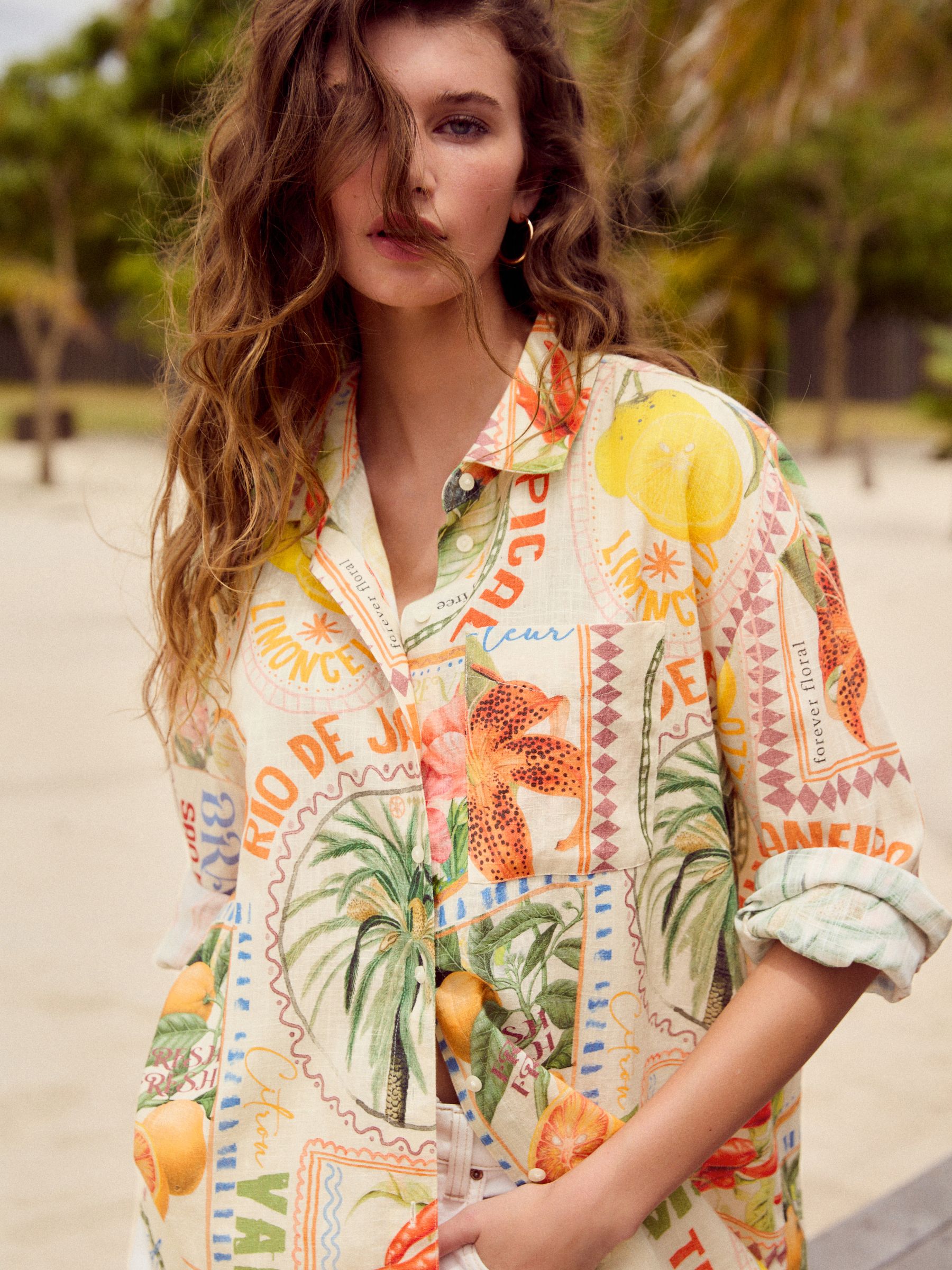 Buy Multicoloured Postcard Print Long Sleeve Shirt With Linen from the ...