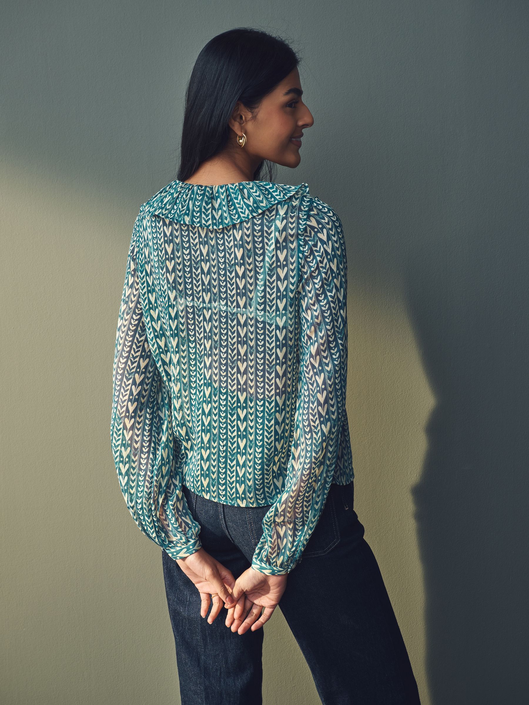 Buy Teal Blue Print Sheer Ruffle Trim Tie Neck Blouse from the Next UK ...