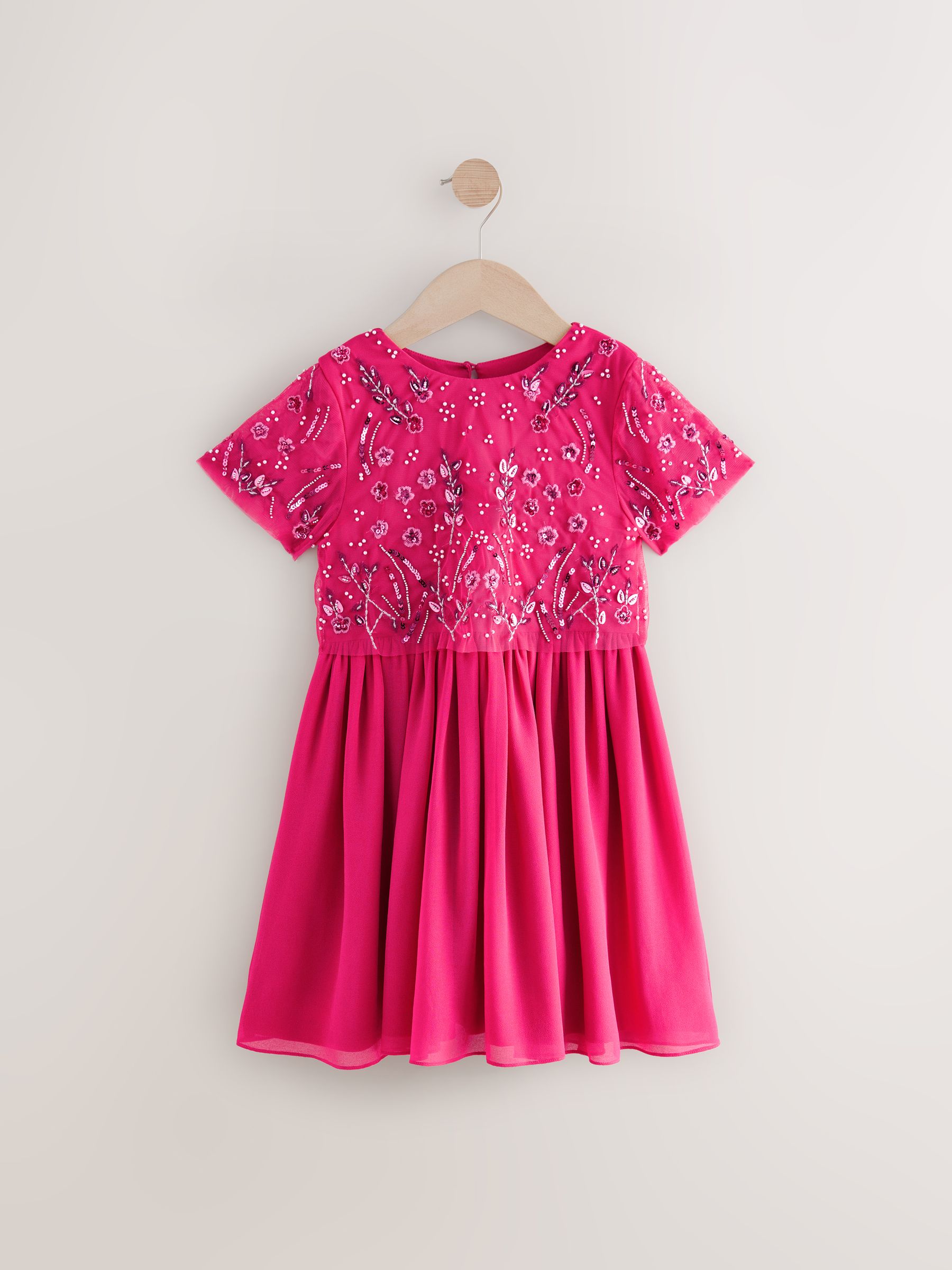 Buy Bright Pink Sequin Embellished Mesh Dress (3-16yrs) from the Next ...