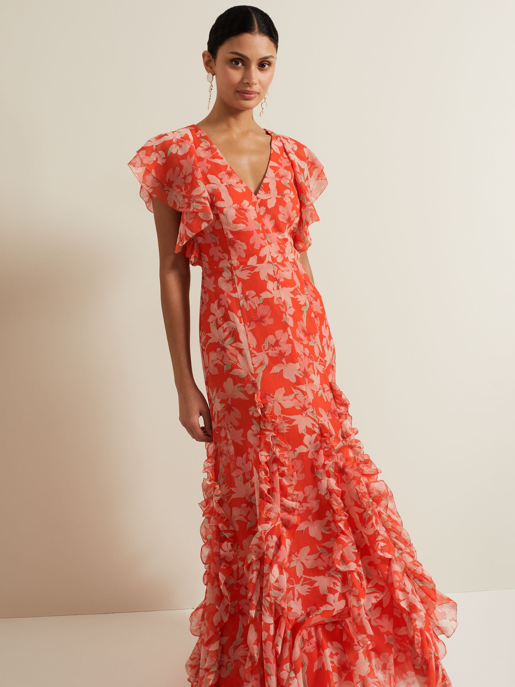 Buy Phase Eight Orange Gaby Floral Print Ruffle Maxi Dress from the ...