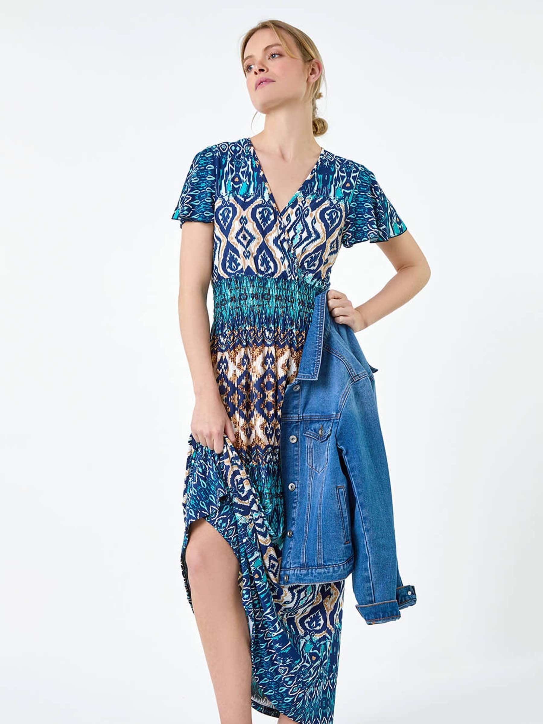 Buy Roman Blue Print Shirred Stretch Maxi Dress from the Next UK online ...