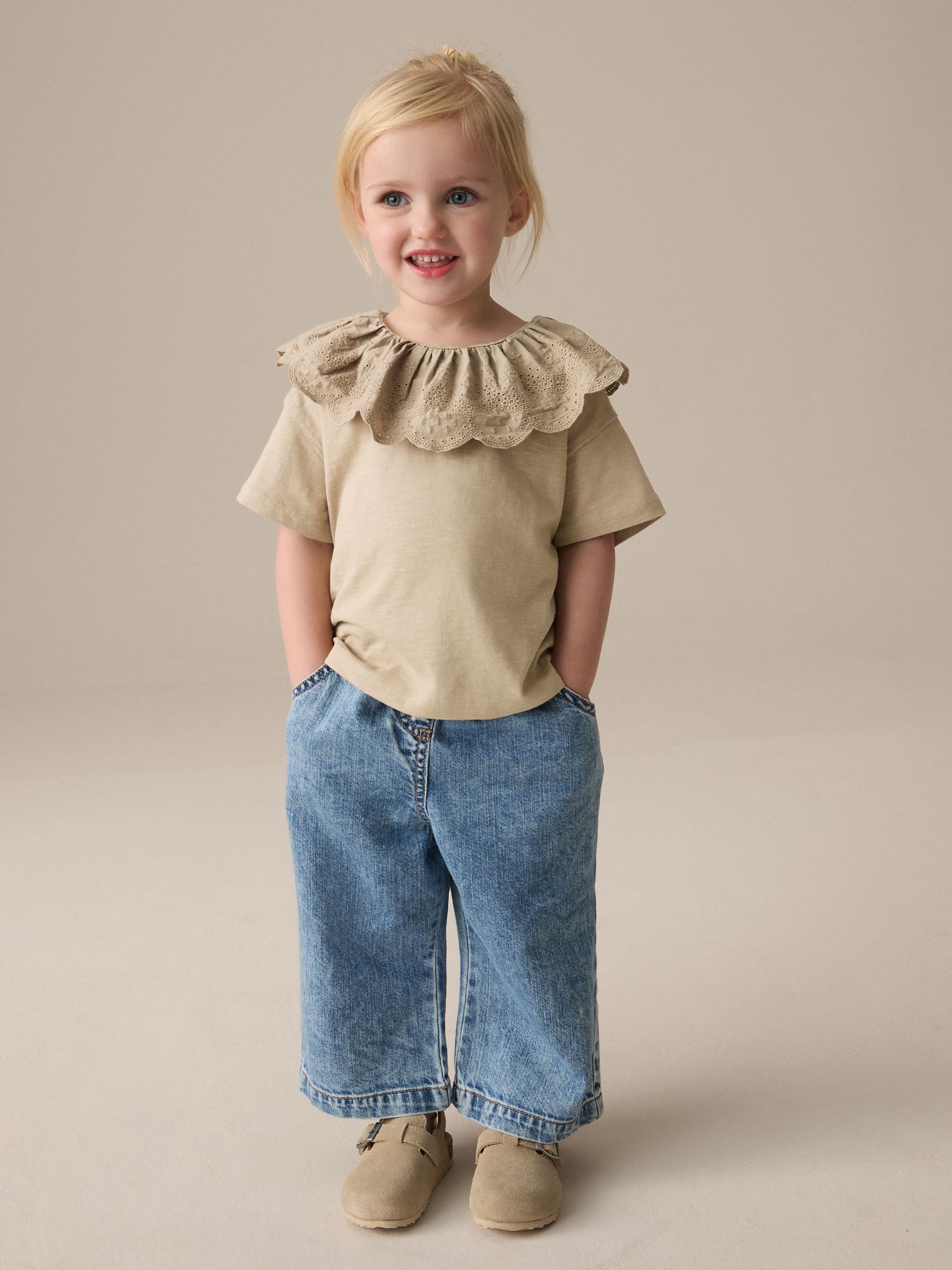 Buy Brown Short Sleeve Broderie Collar 100% Cotton Top (3mths-7yrs ...