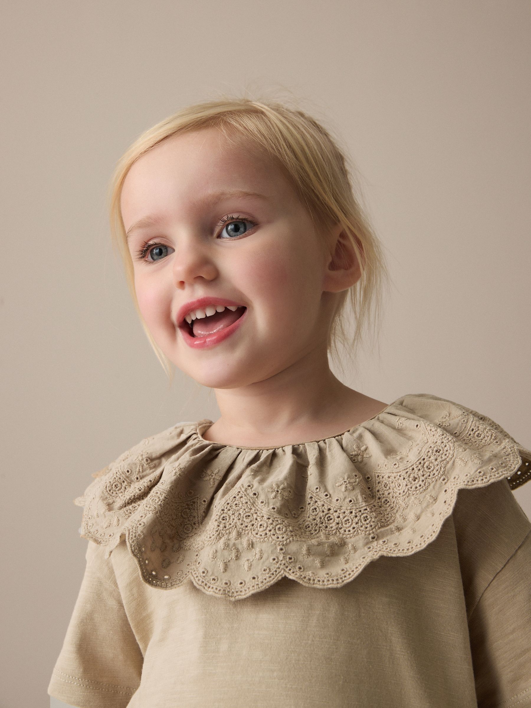 Buy Brown Short Sleeve Broderie Collar 100% Cotton Top (3mths-7yrs ...