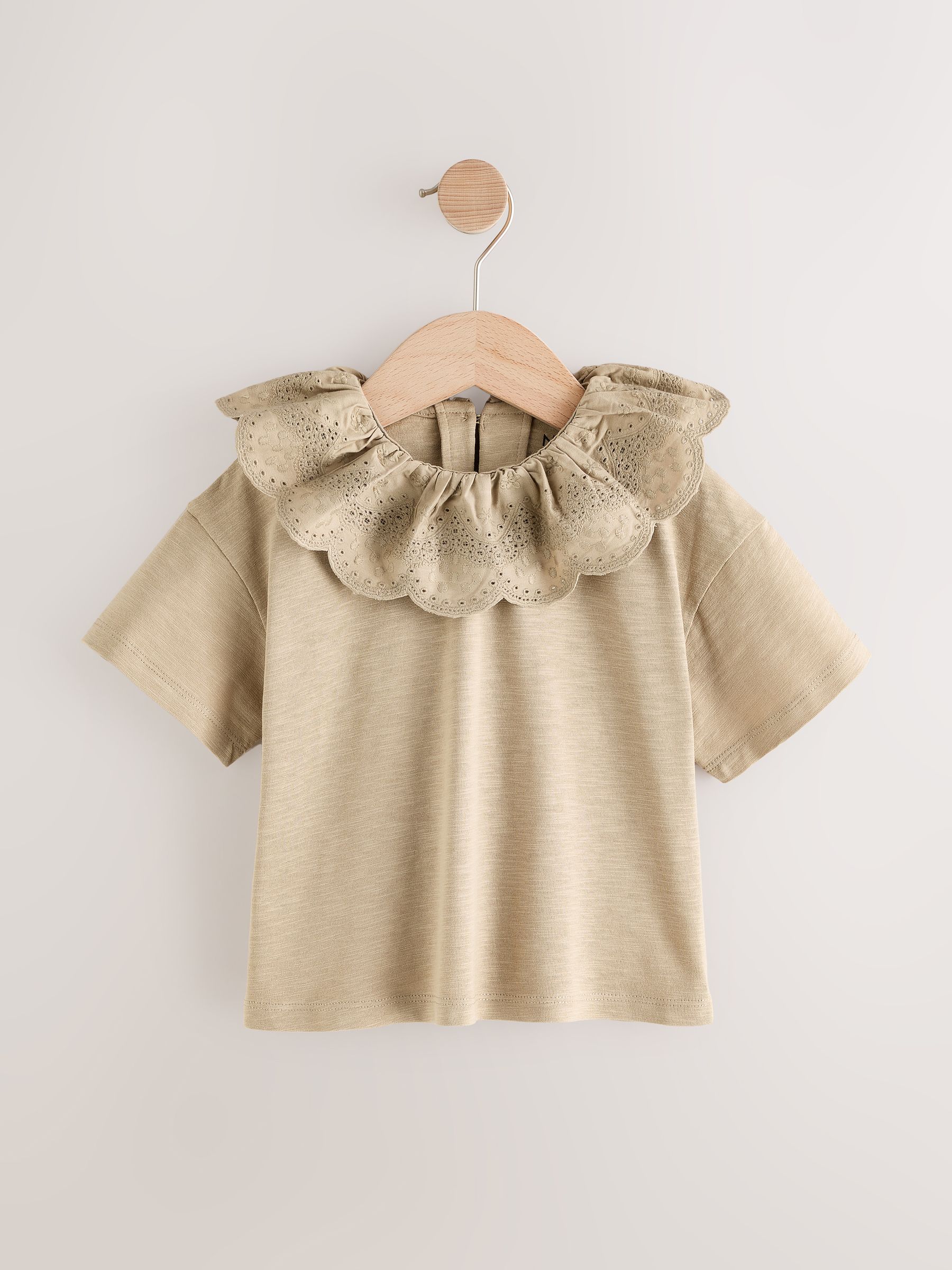 Buy Brown Short Sleeve Broderie Collar 100% Cotton Top (3mths-7yrs ...