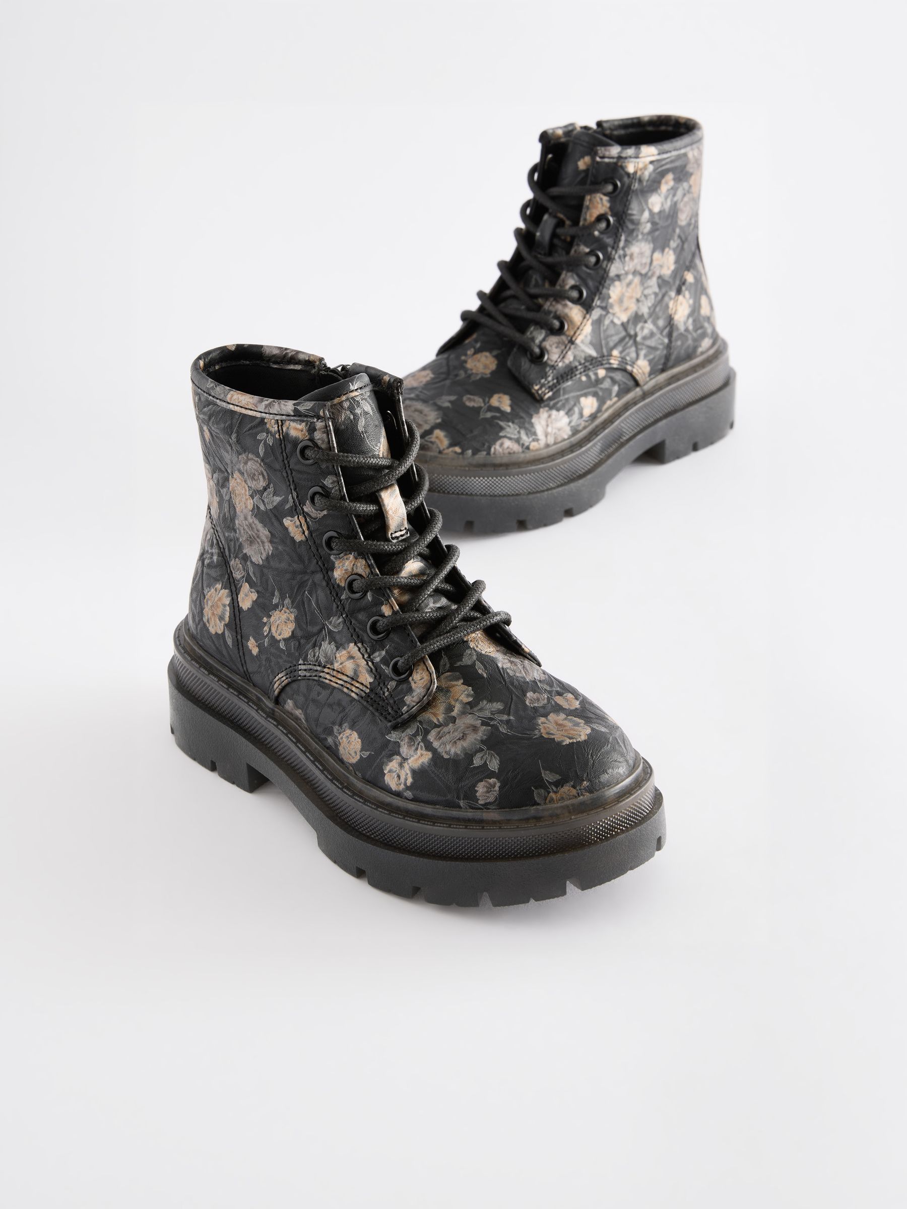 Buy Black Floral Lace Up Chunky Ankle Boots from the Next UK online shop