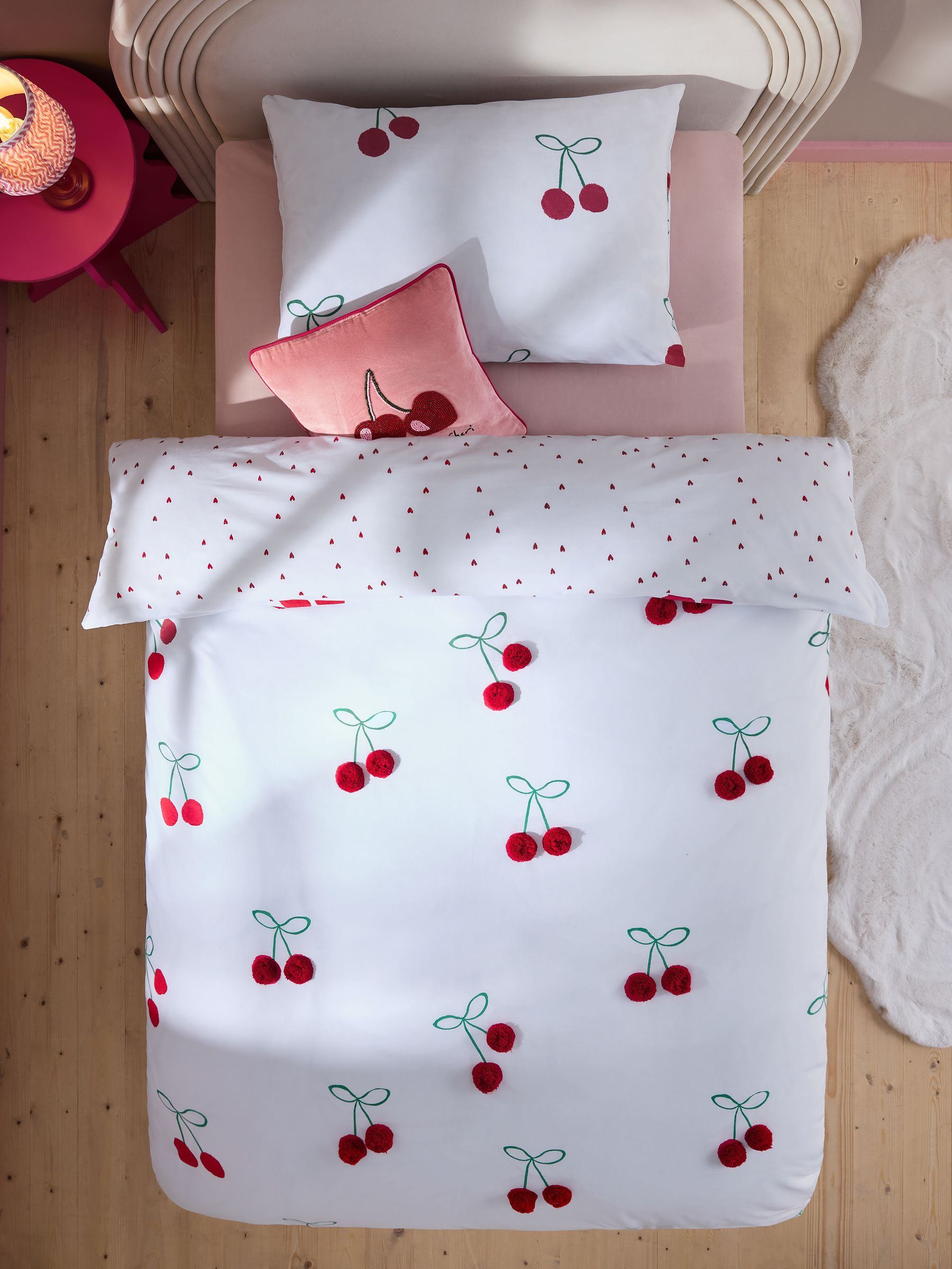 Buy Red Cherry Poms Printed Polycotton Duvet Cover and Pillowcase ...