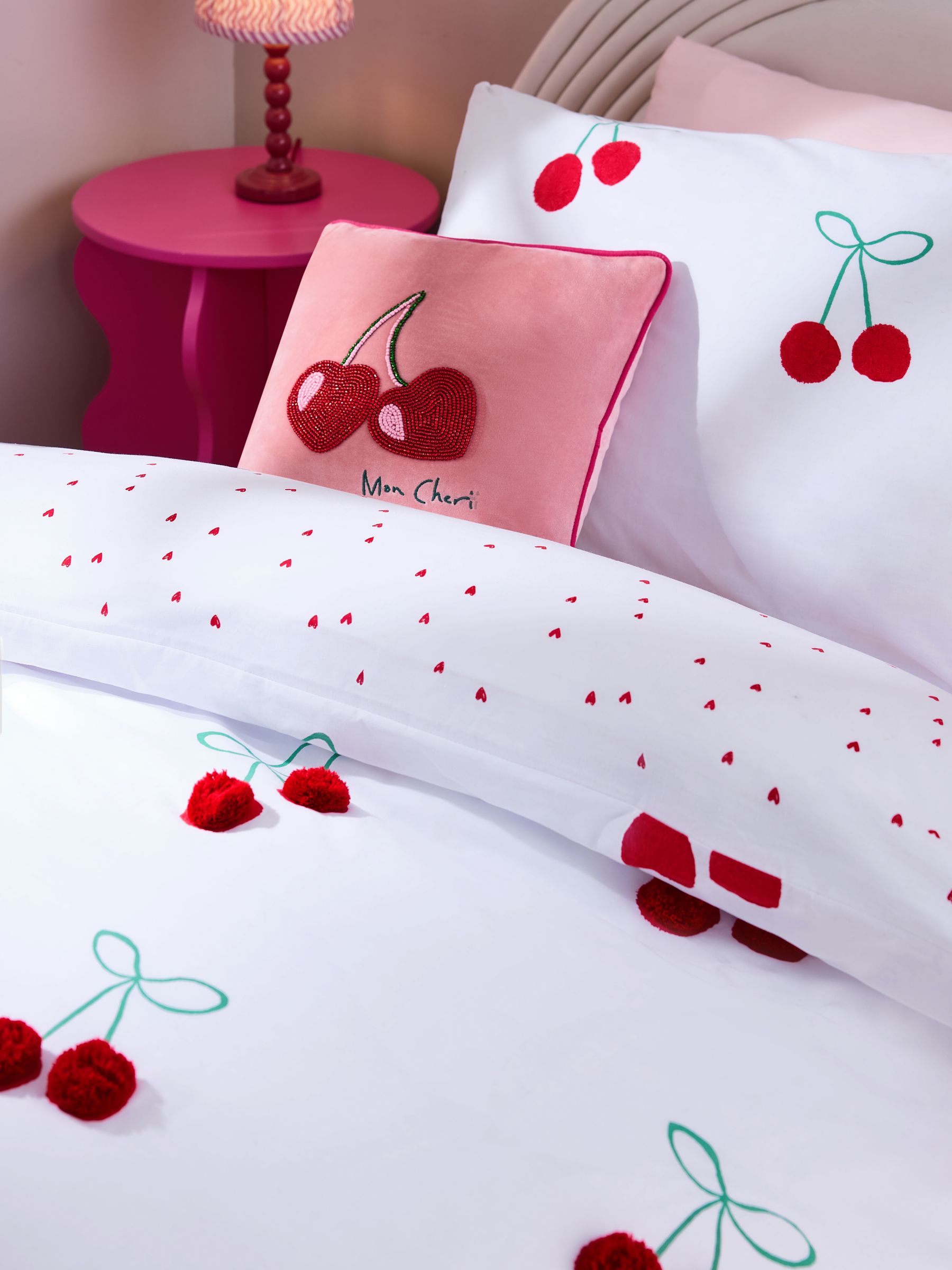 Buy Red Cherry Poms Printed Polycotton Duvet Cover and Pillowcase ...