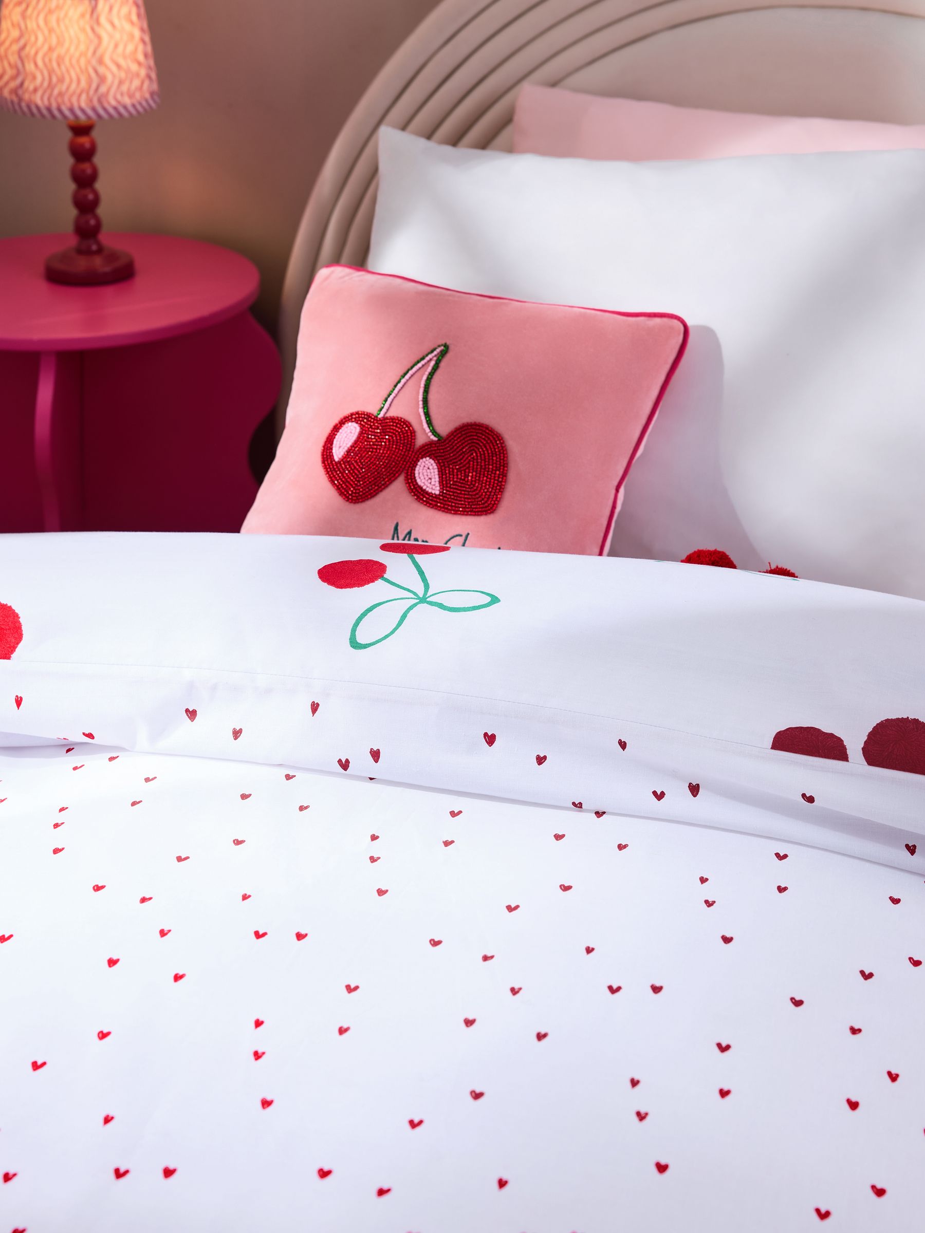Buy Red Cherry Poms Printed Polycotton Duvet Cover and Pillowcase ...