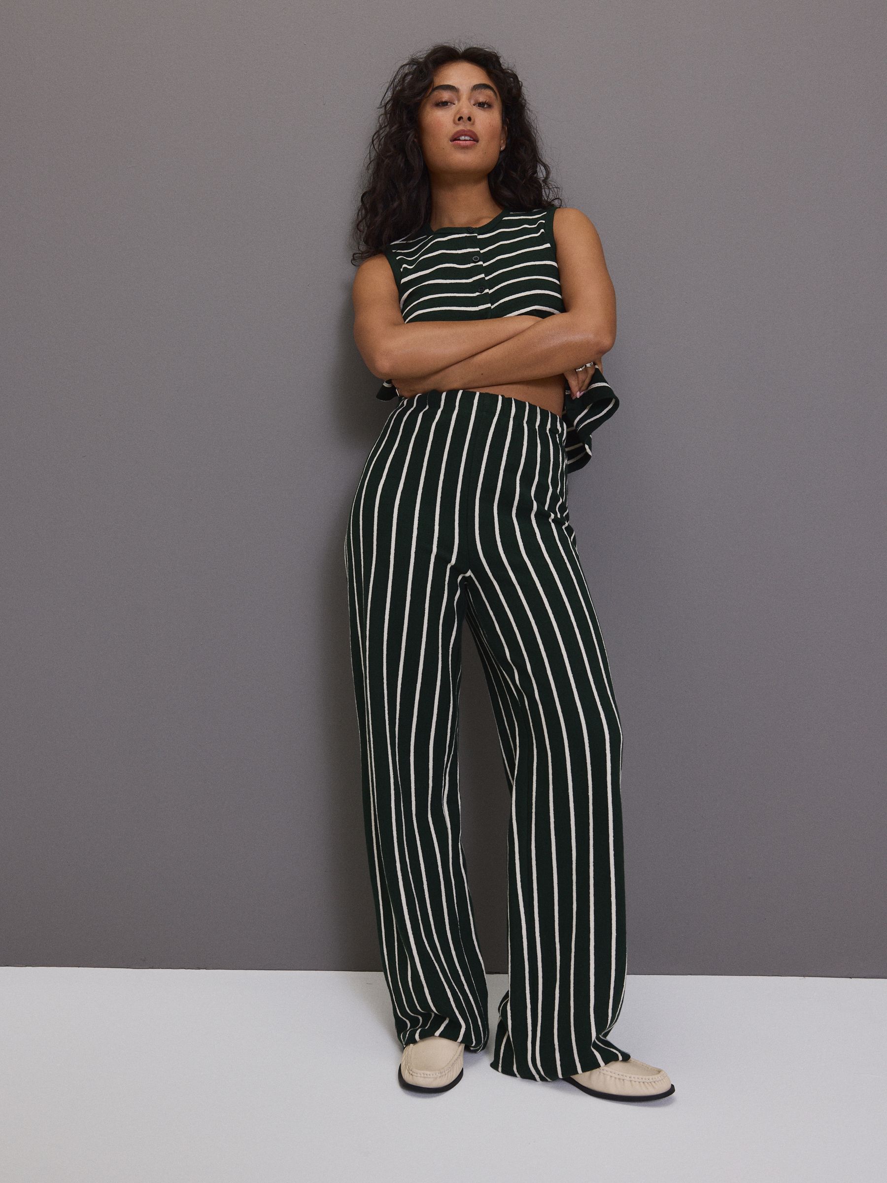 Buy Green/Ecru 100% Cotton Striped Wide Leg Towelling Trousers from the ...