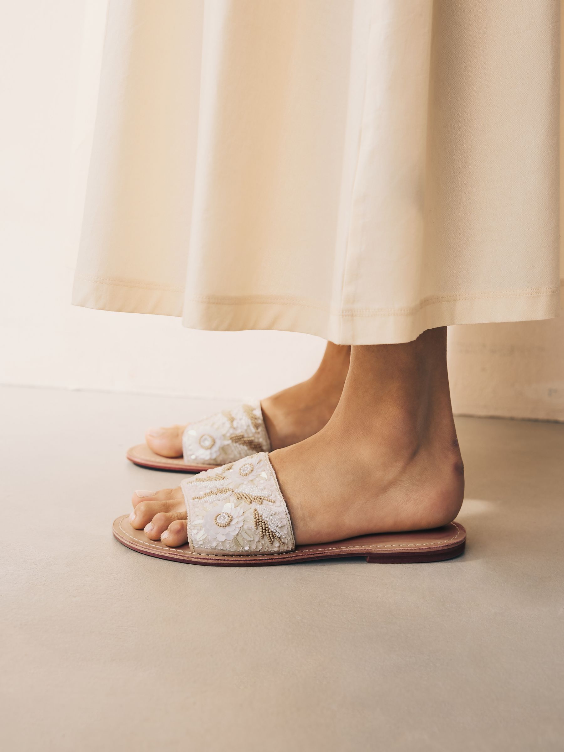 Buy White/Gold Leather Standard/Wide Fit Beaded Flower Mules from the ...