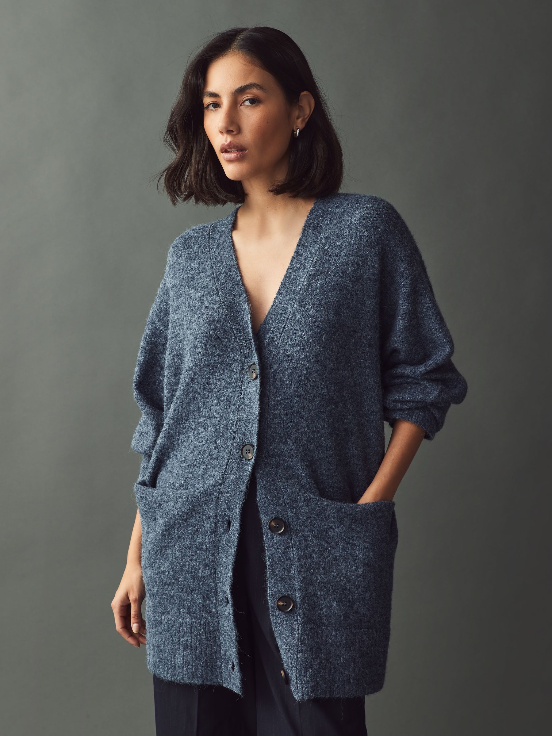 Buy Chambray Blue Relaxed Fit Oversized Longline Button Knitted ...