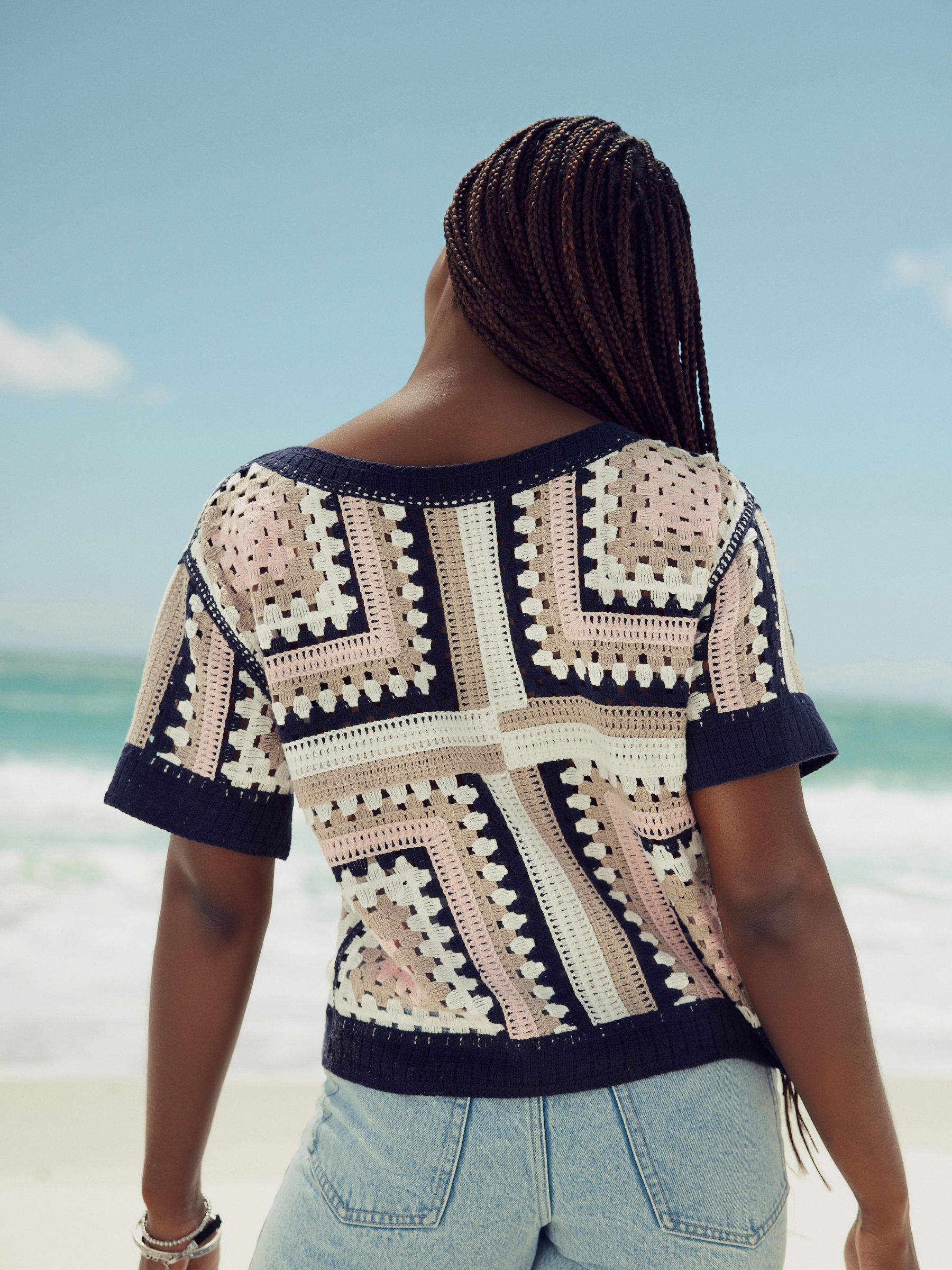 Buy Blue Pattern Short Sleeve Crochet Crew Neck T-Shirt from the Next ...