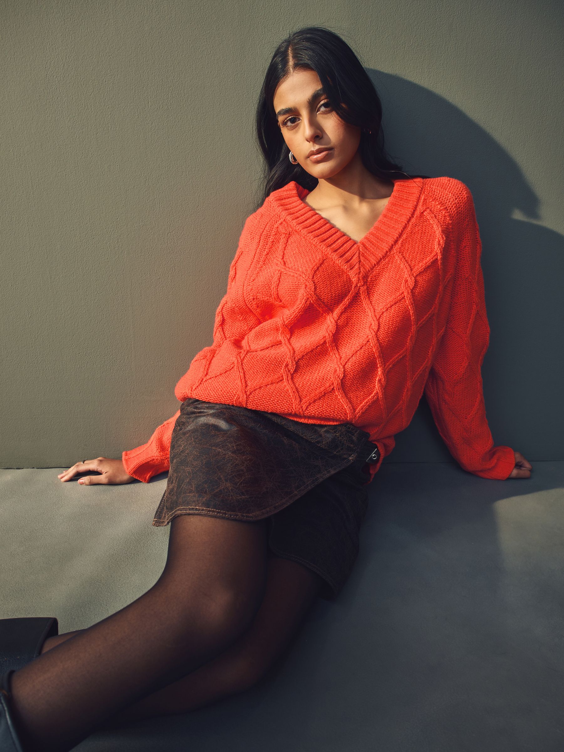 Buy Orange Cable Knitted Longline V-Neck Tunic Jumper with Wool from ...