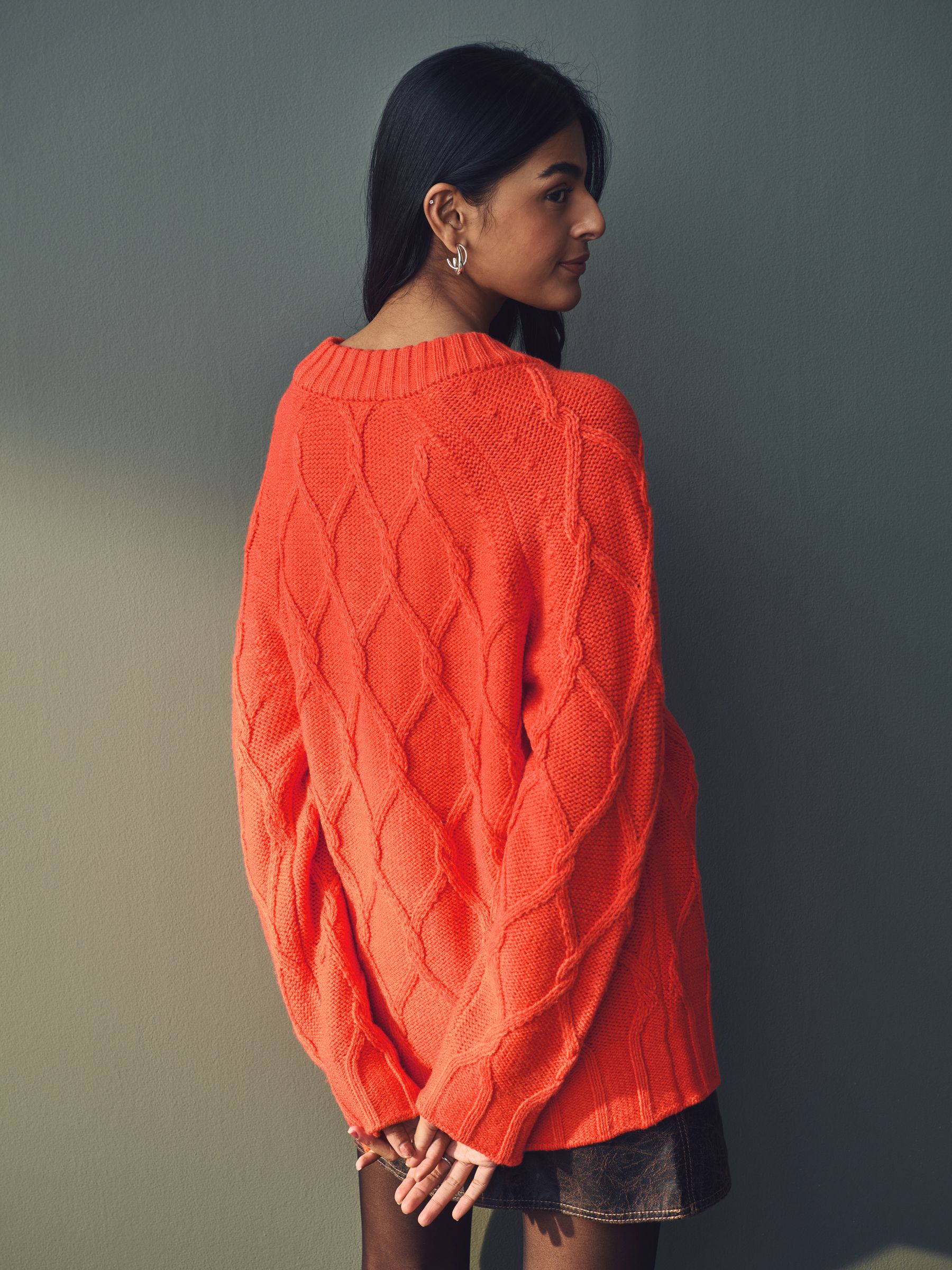 Buy Orange Cable Knitted Longline V-Neck Tunic Jumper with Wool from ...