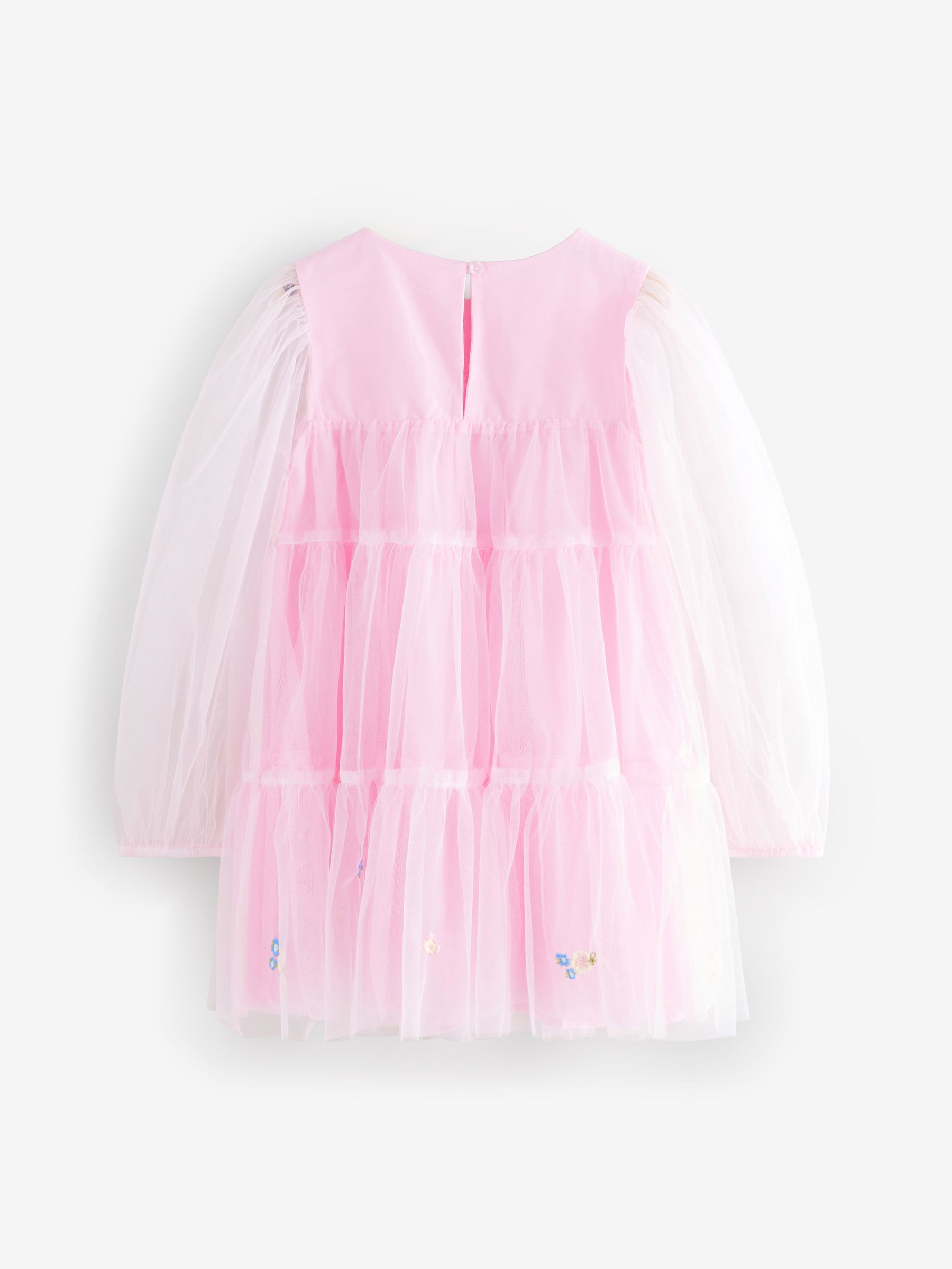Buy Pink Embroidered Long Sleeve Mesh Party Dress (3-16yrs) from the ...