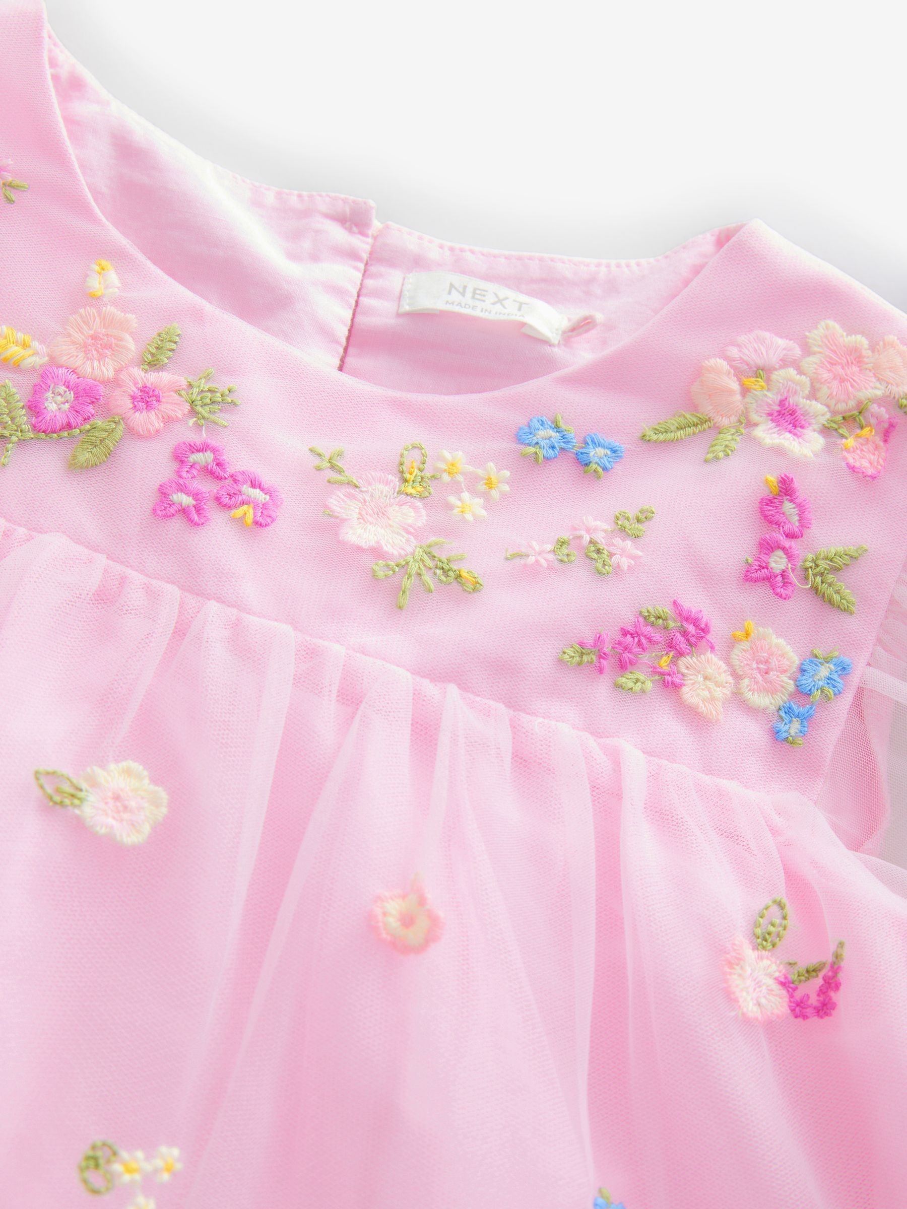 Buy Pink Embroidered Long Sleeve Mesh Party Dress (3-16yrs) from the ...