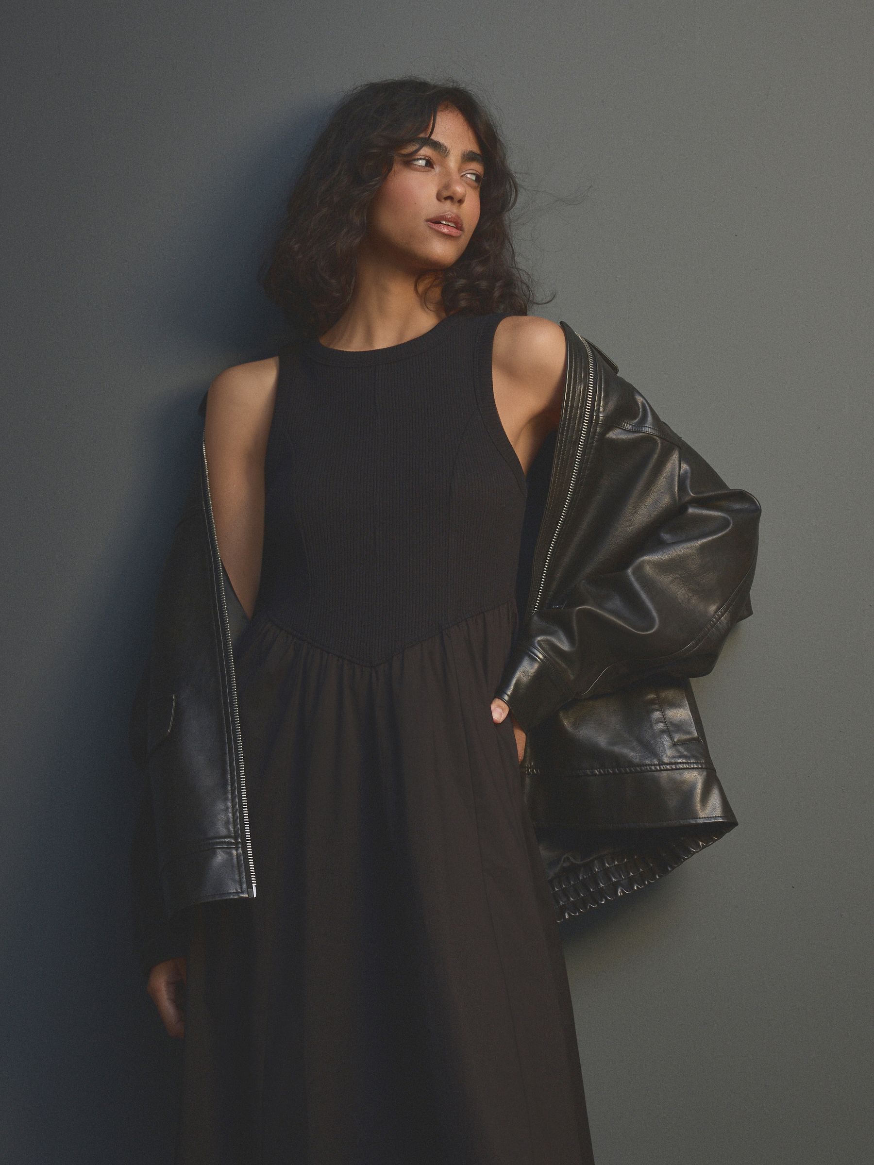 Buy Black Woven Jersey Mix Sleeveless Racer Ribbed Midi Dress from the ...