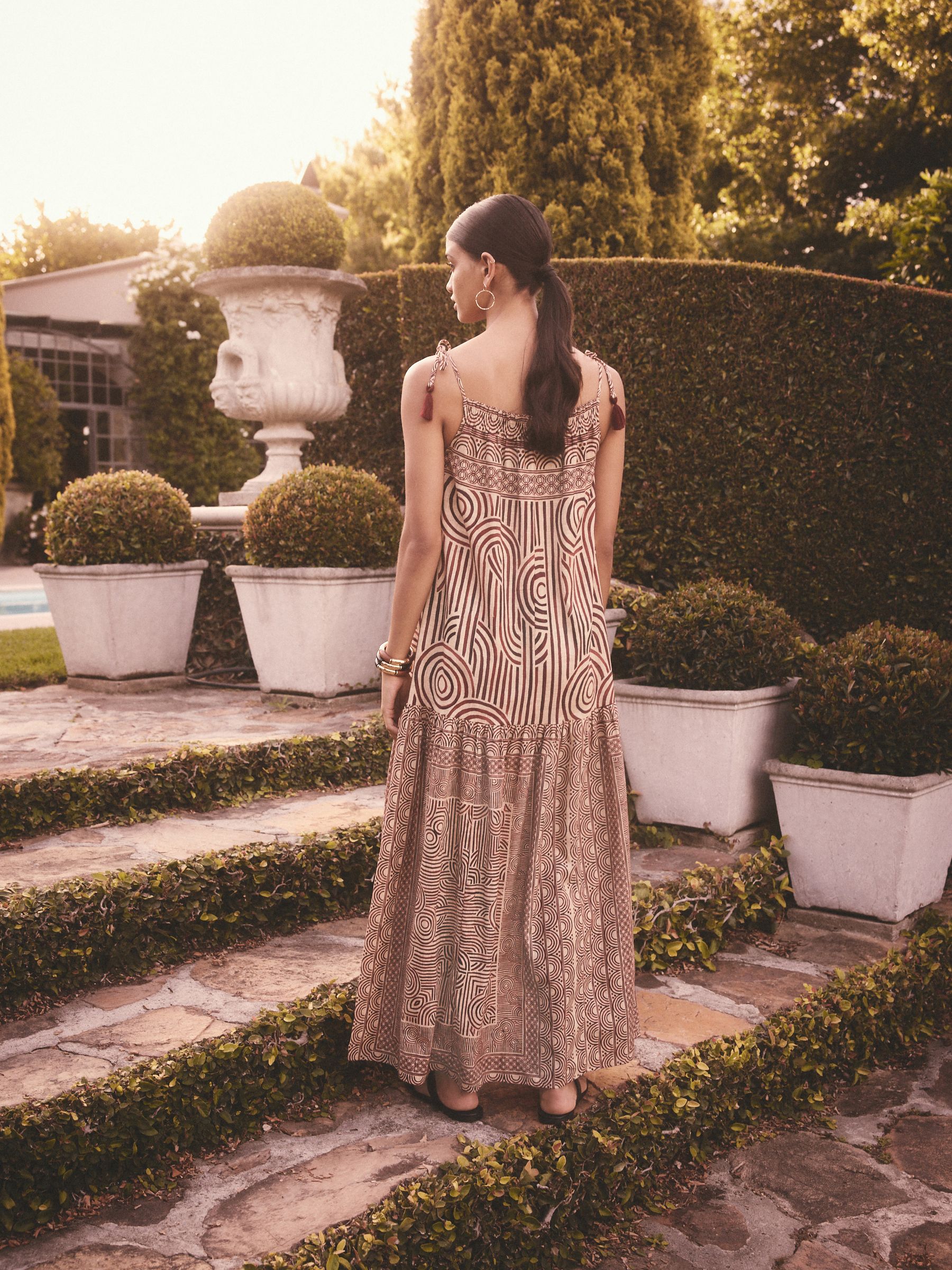 Buy Rust Brown Geometric Print Strappy Drop Waist Tiered Maxi Dress ...