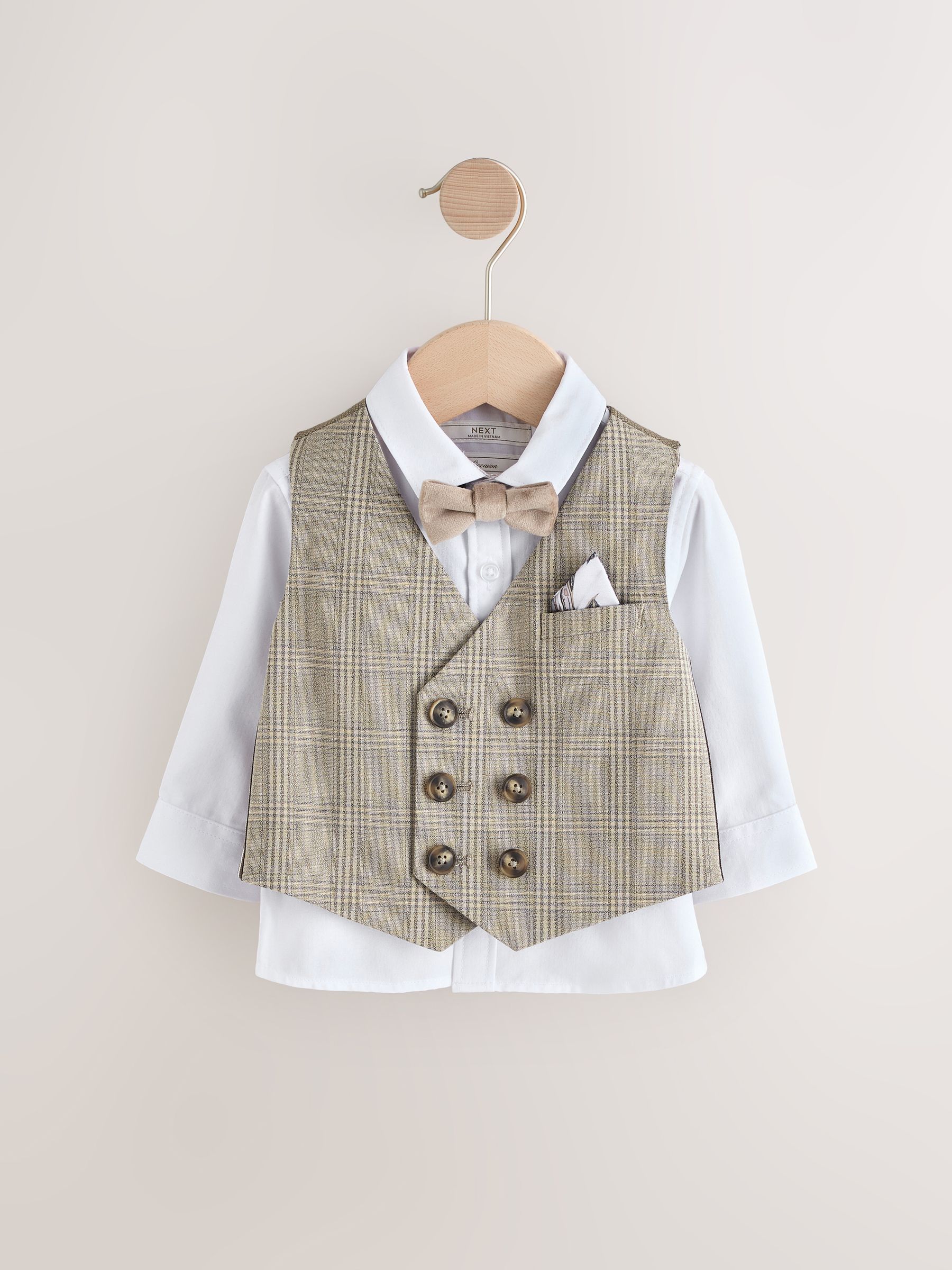 Buy Neutral Check Waistcoat Set With Shirt And Bow Tie (3mths-7yrs ...