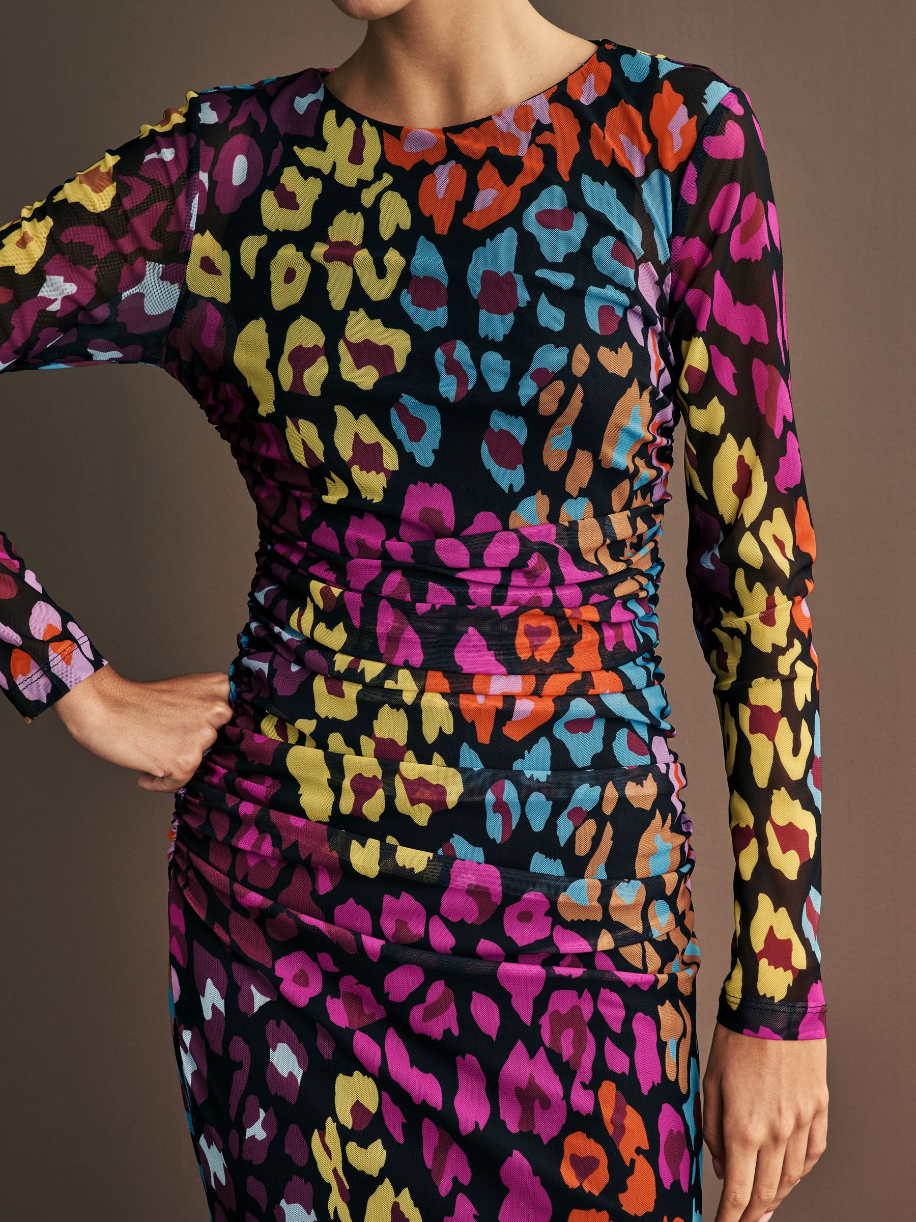 Buy Bright Multi Animal Print Long Sleeve Placement Floral Mesh Maxi ...