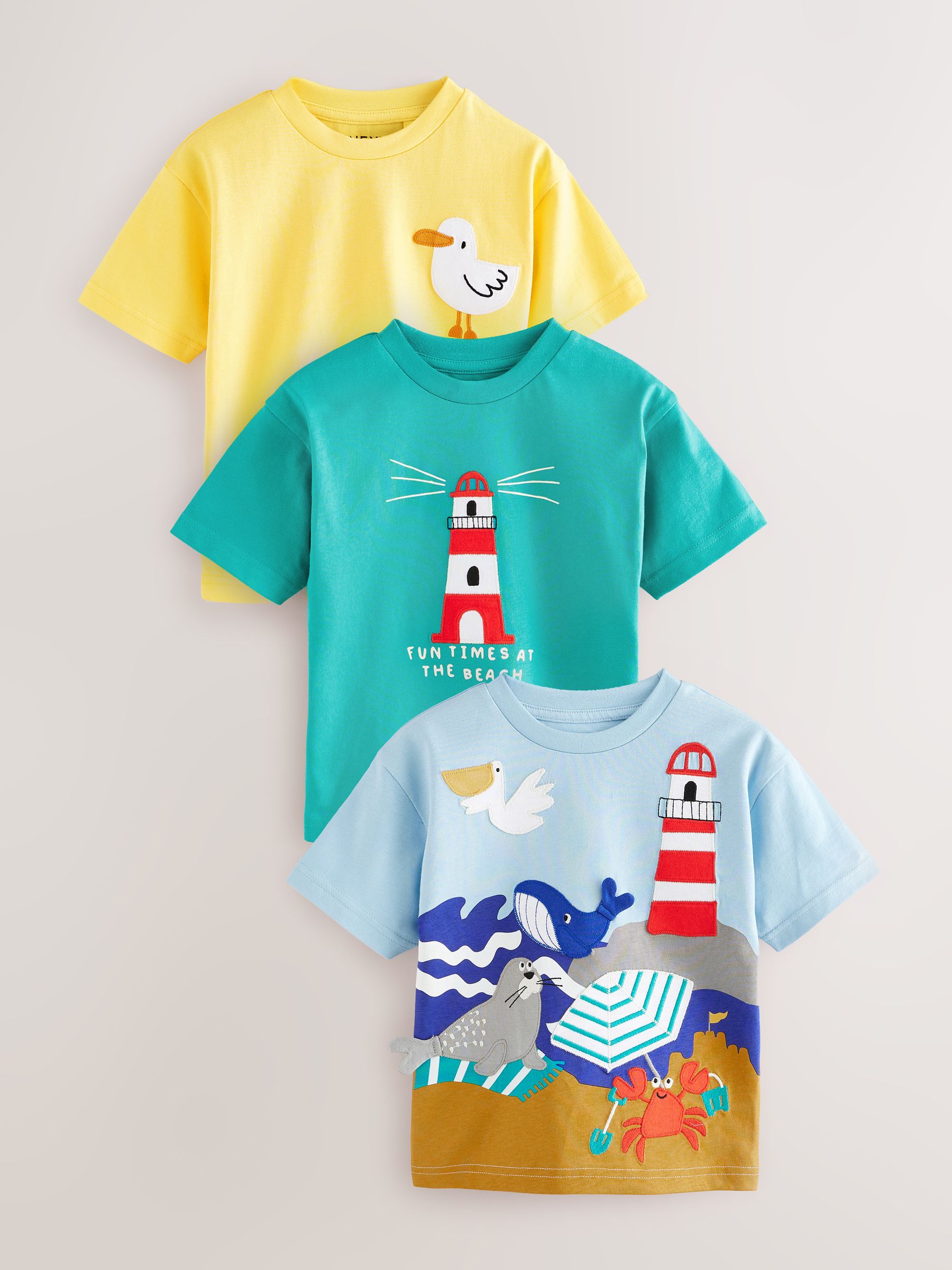 Buy Blue/Yellow Seaside Short Sleeve Appliqué T-Shirts 3 Pack (3mths ...