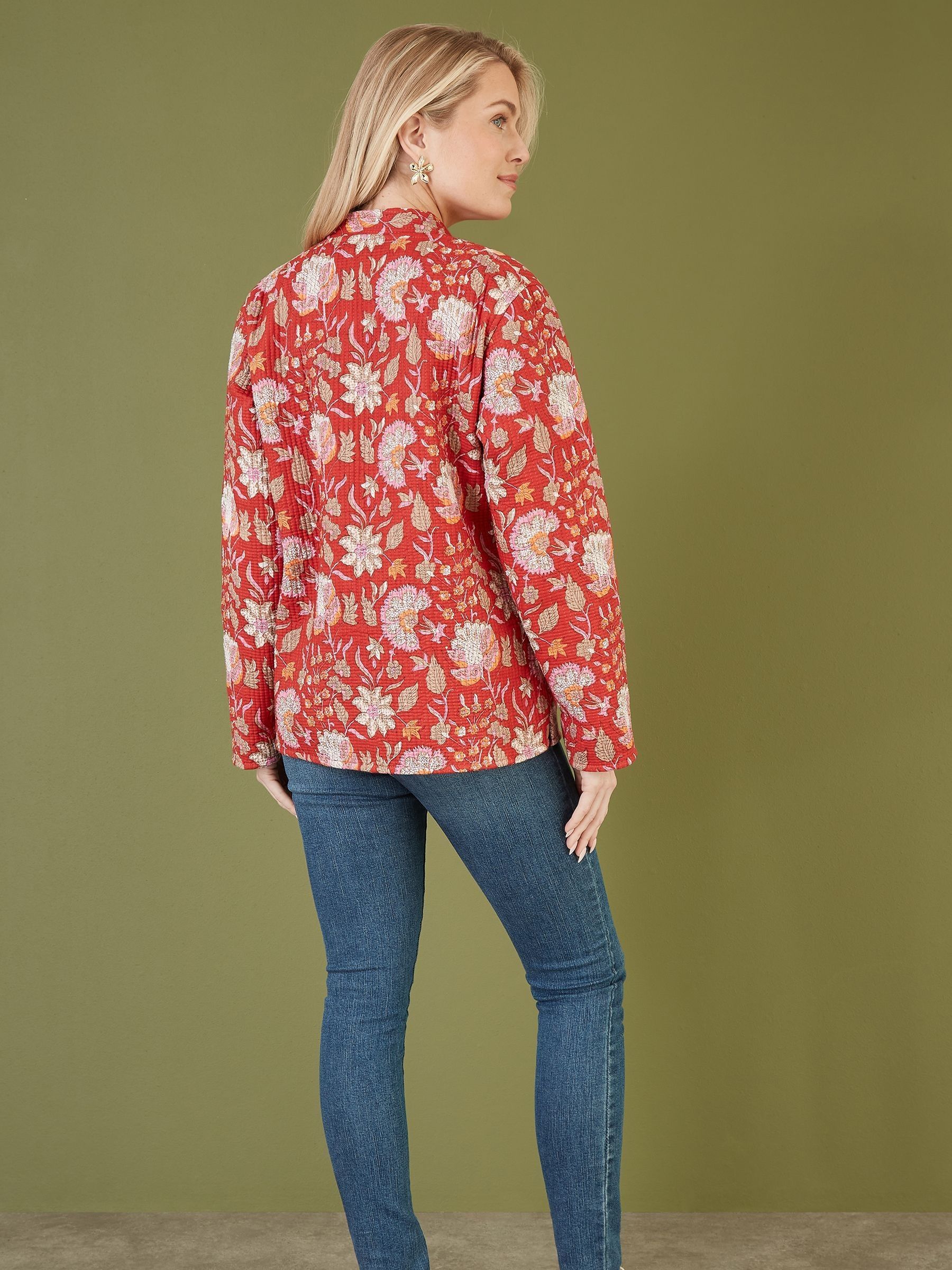 Buy Yumi Red Floral Print Reversible Cotton Quilted Jacket from the ...