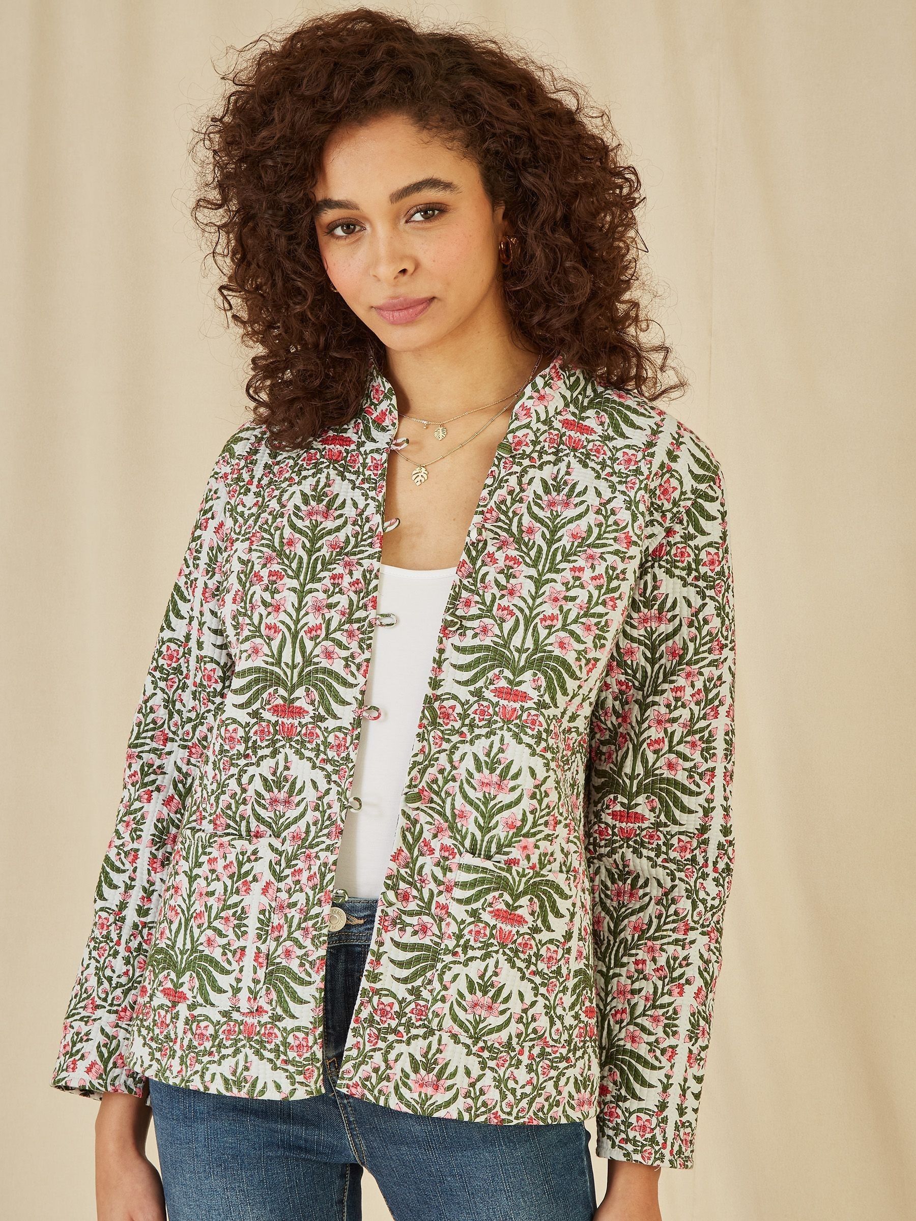 Buy Yumi Pink Floral Print Reversible Cotton Quilted Jacket from the ...