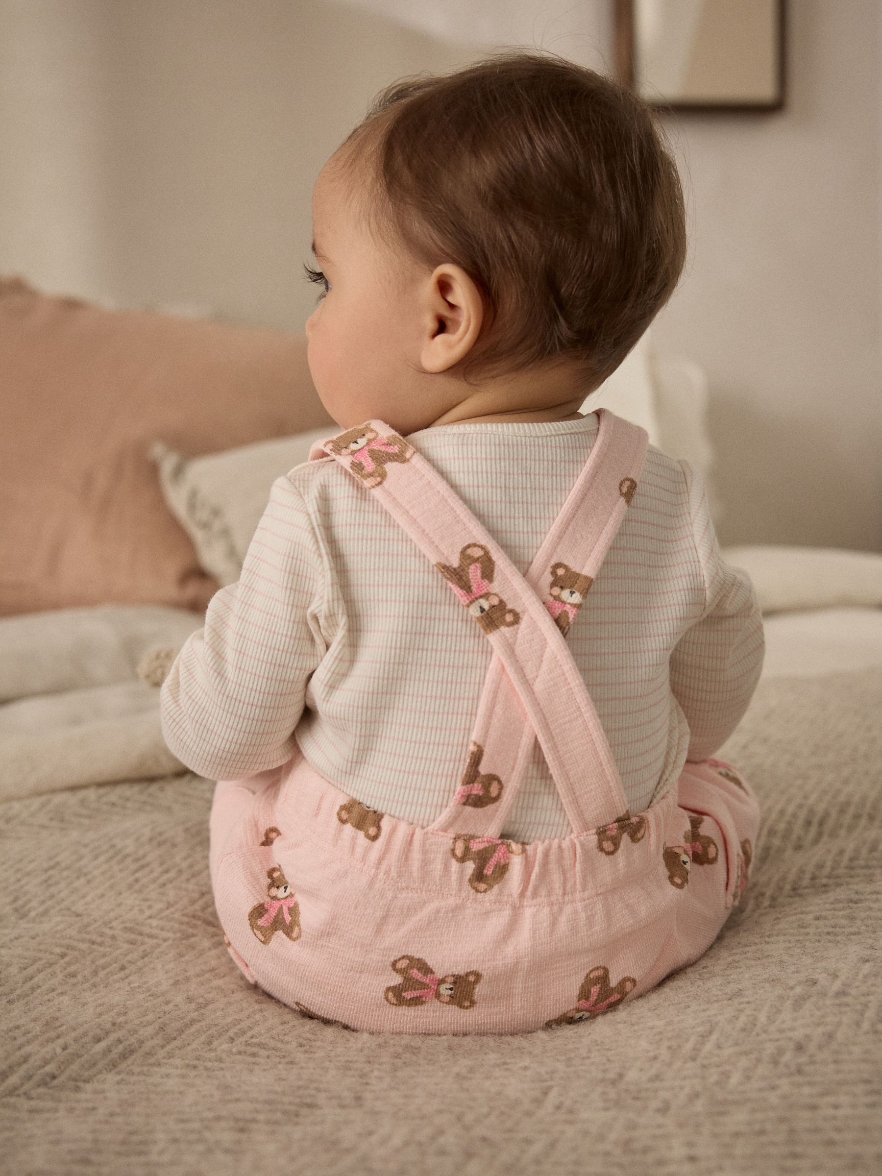 Buy Pink Bear Print Long Sleeve Bodysuit & Baby 100% Cotton Dungarees ...