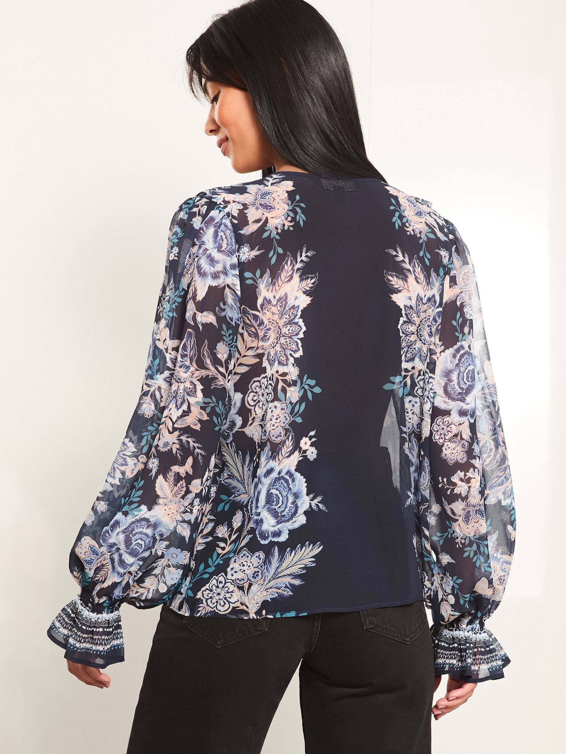 Buy Lipsy Navy Blue Ruffle Front Ruffle Cuff Printed Blouse from the ...