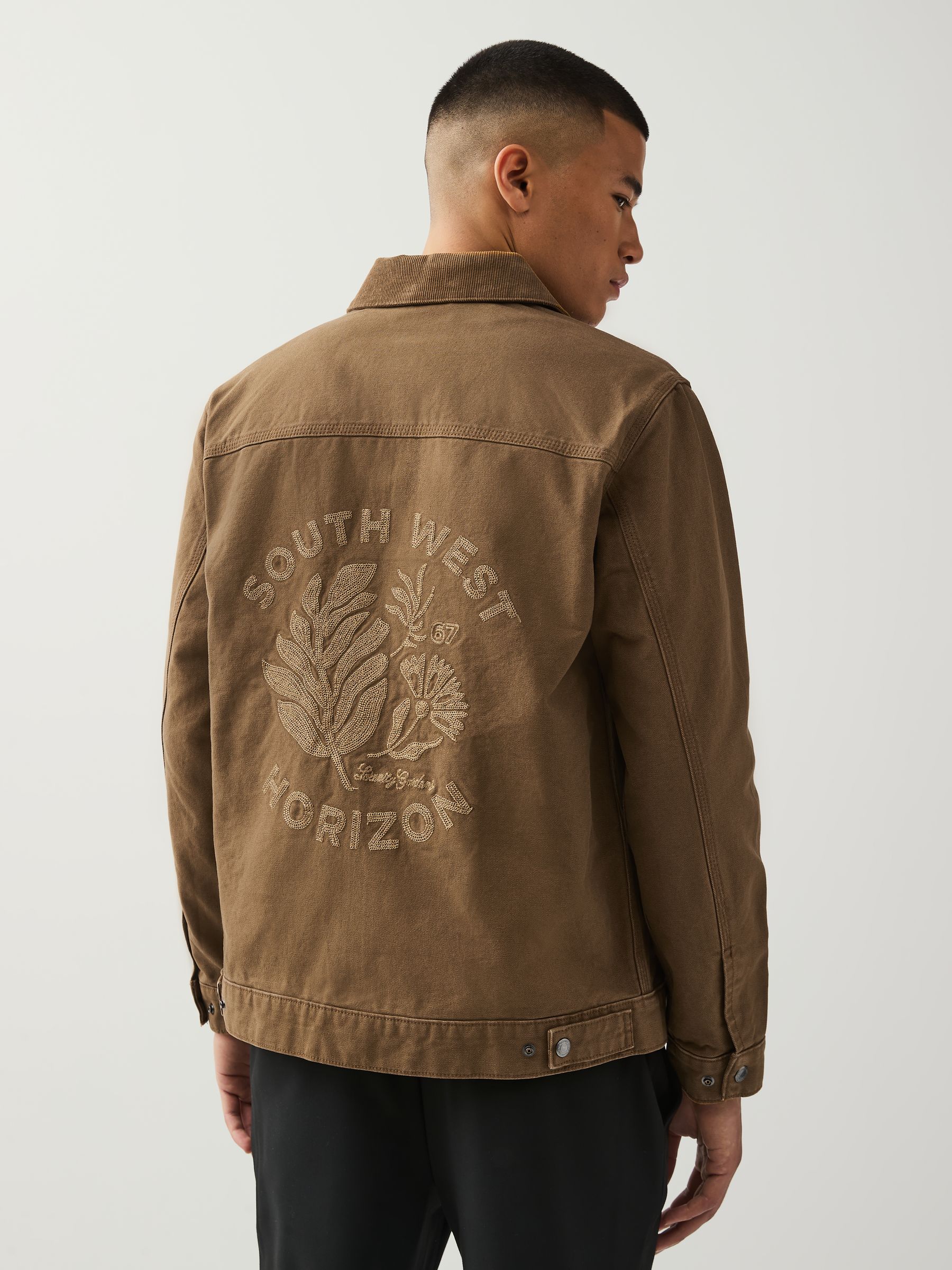 Buy Embroidered Tan Brown Canvas Worker Jacket with Corduroy Collar ...