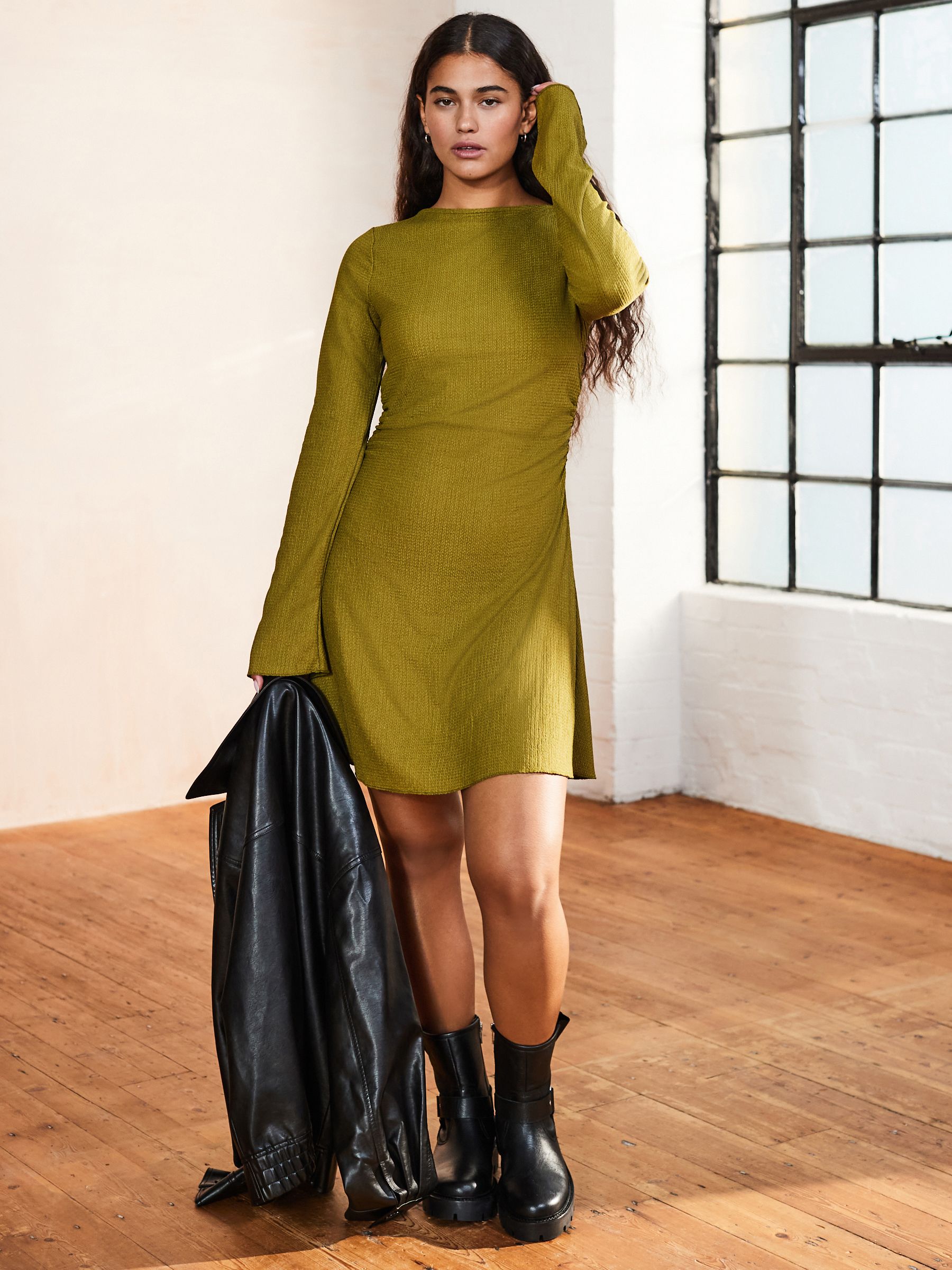 Buy Olive Green Long Sleeves Ruched Mini Dress from Next United Arab ...