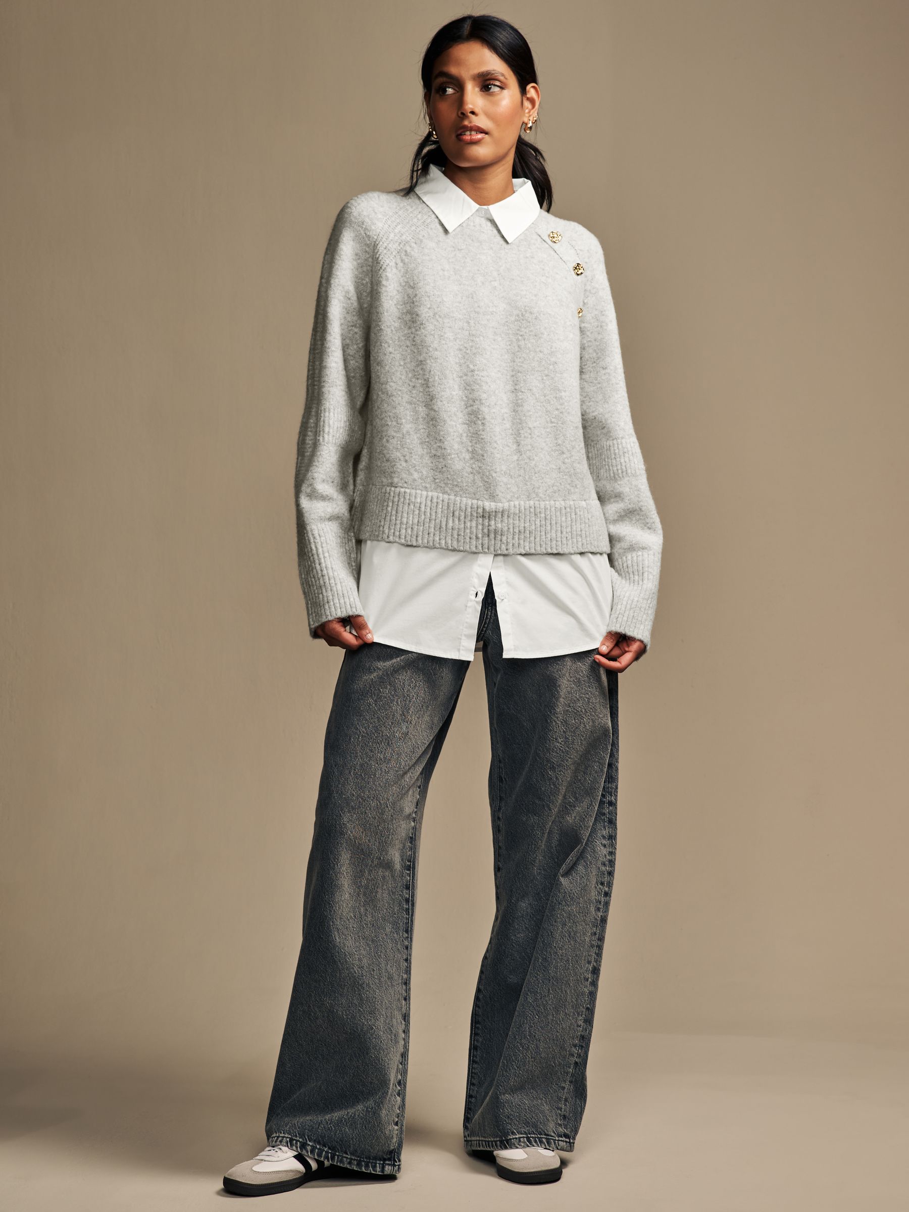 Buy Grey Layered Long Sleeve Collared Gold Detailed Button Jumper with ...