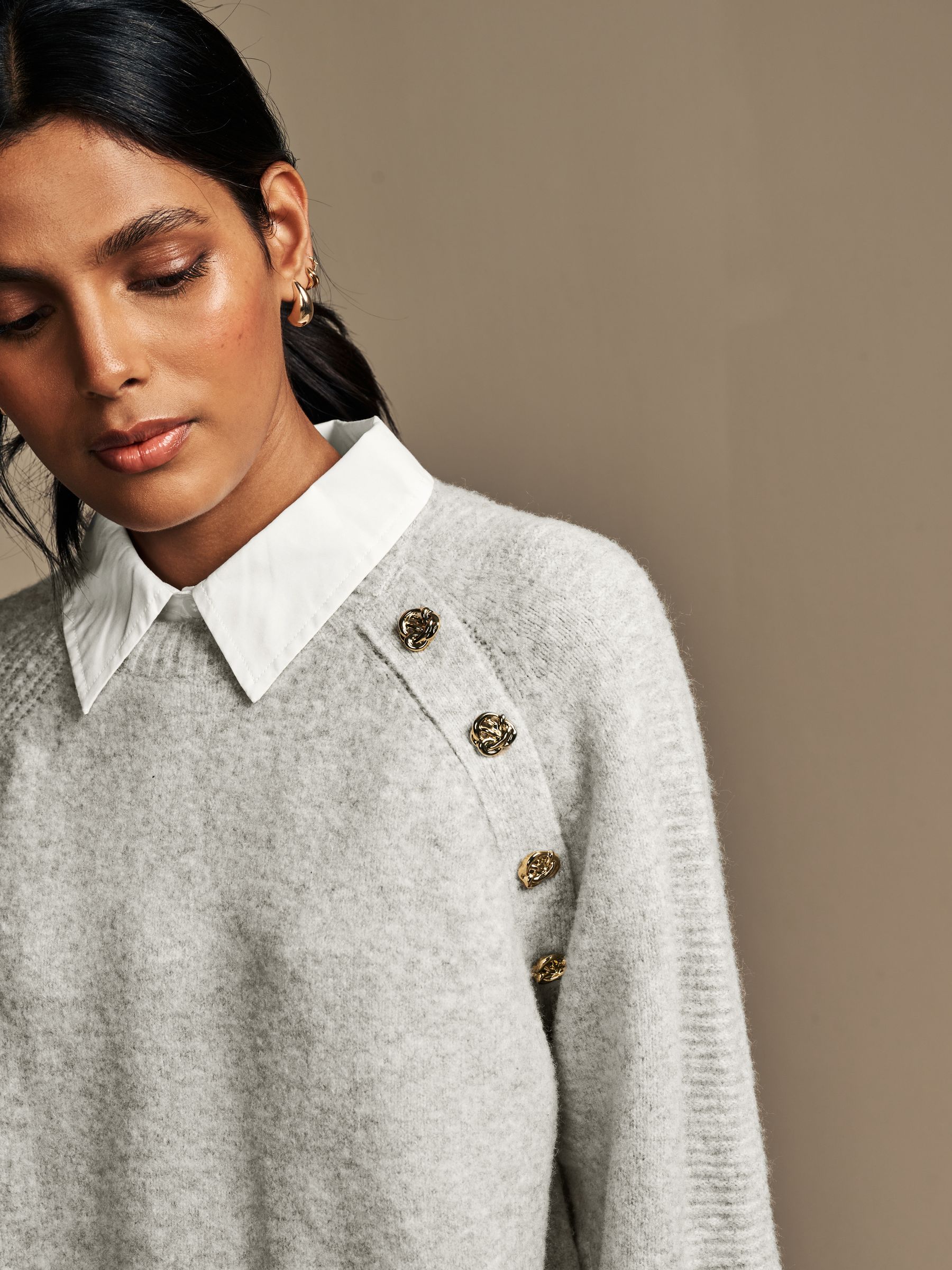 Buy Grey Layered Long Sleeve Collared Gold Detailed Button Jumper with ...