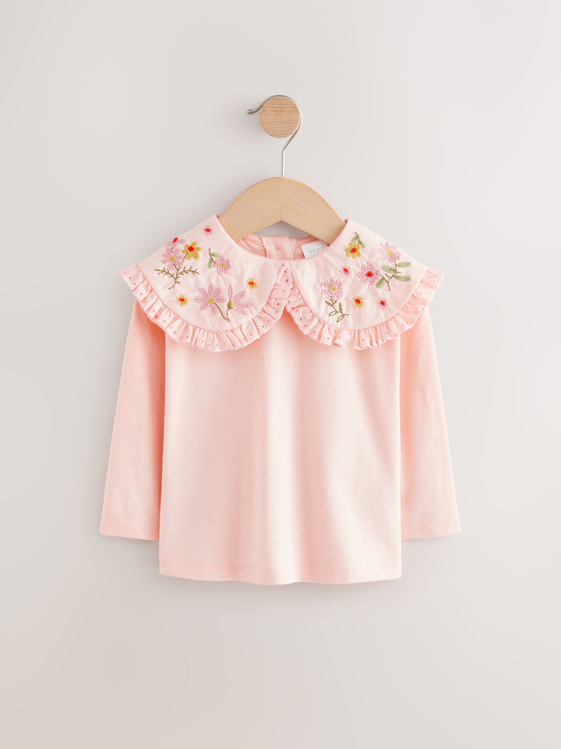 Buy Coral Pink Flower Embroidery Long Sleeve Collar Top (3mths-7yrs ...