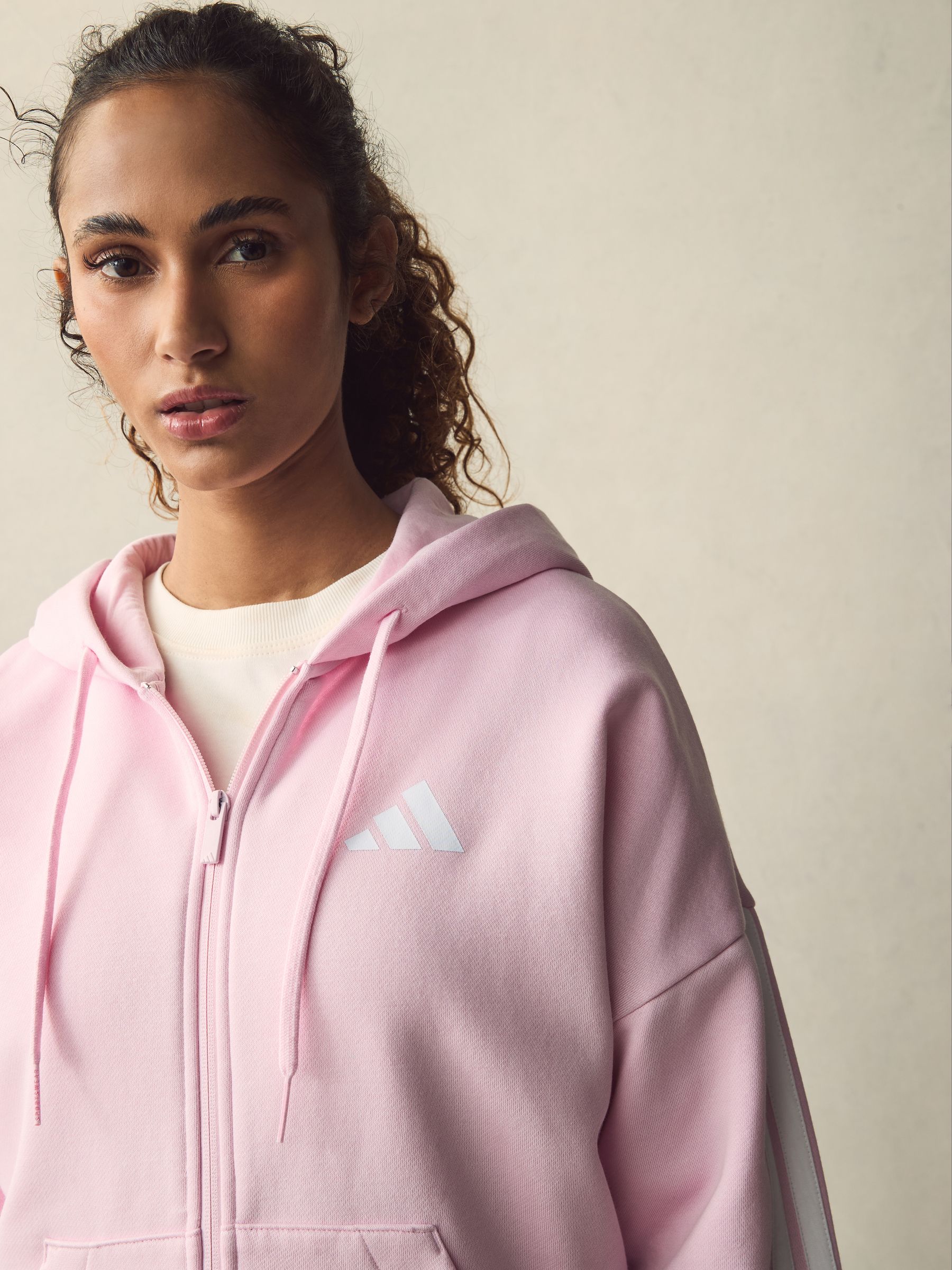 Buy adidas Pink Essentials 3-Stripes Full Zip Fleece Hoodie from the ...