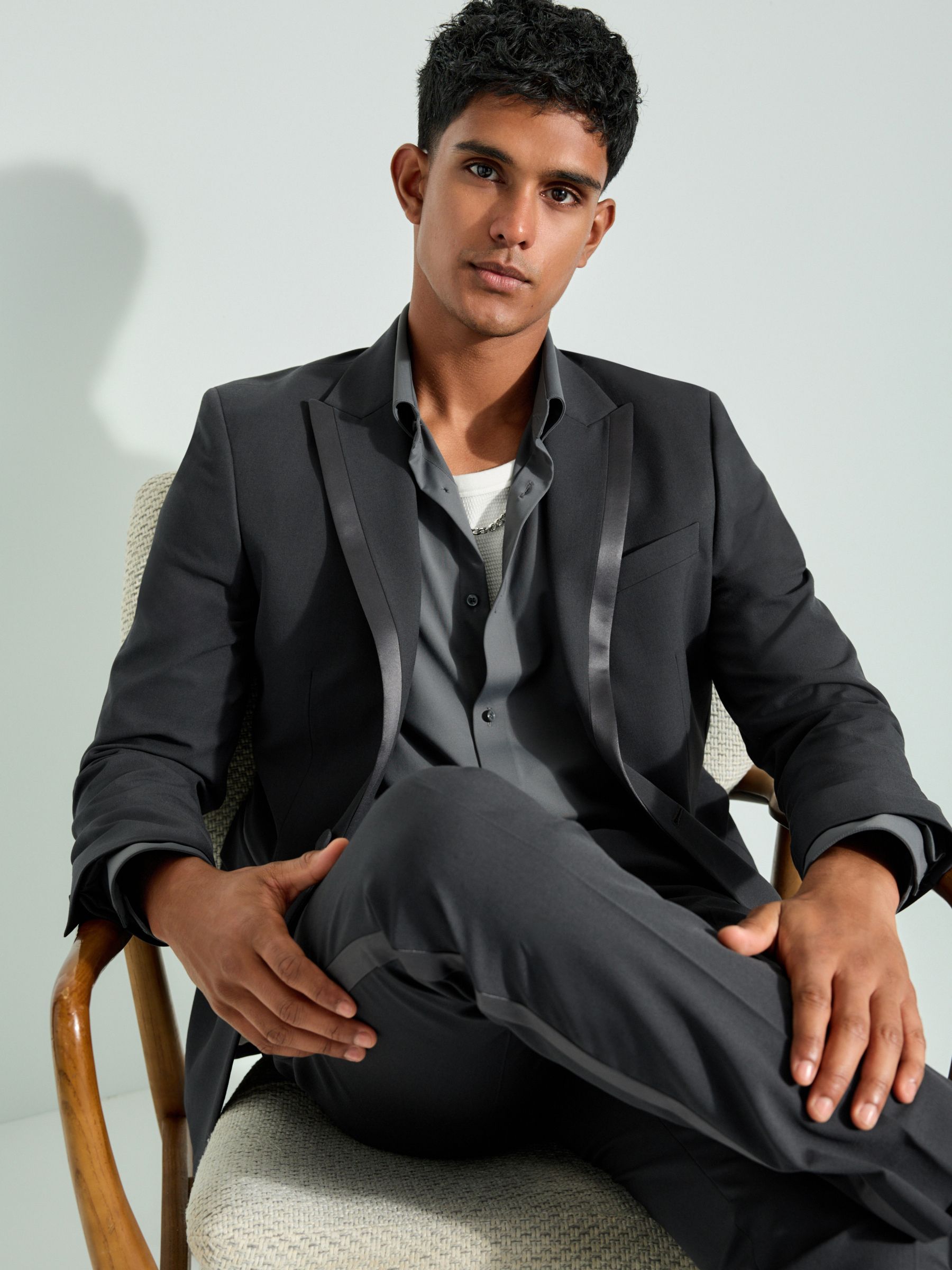 Buy Charcoal Grey Slim Fit Trimmed Satin Edge Tuxedo Suit Jacket from ...