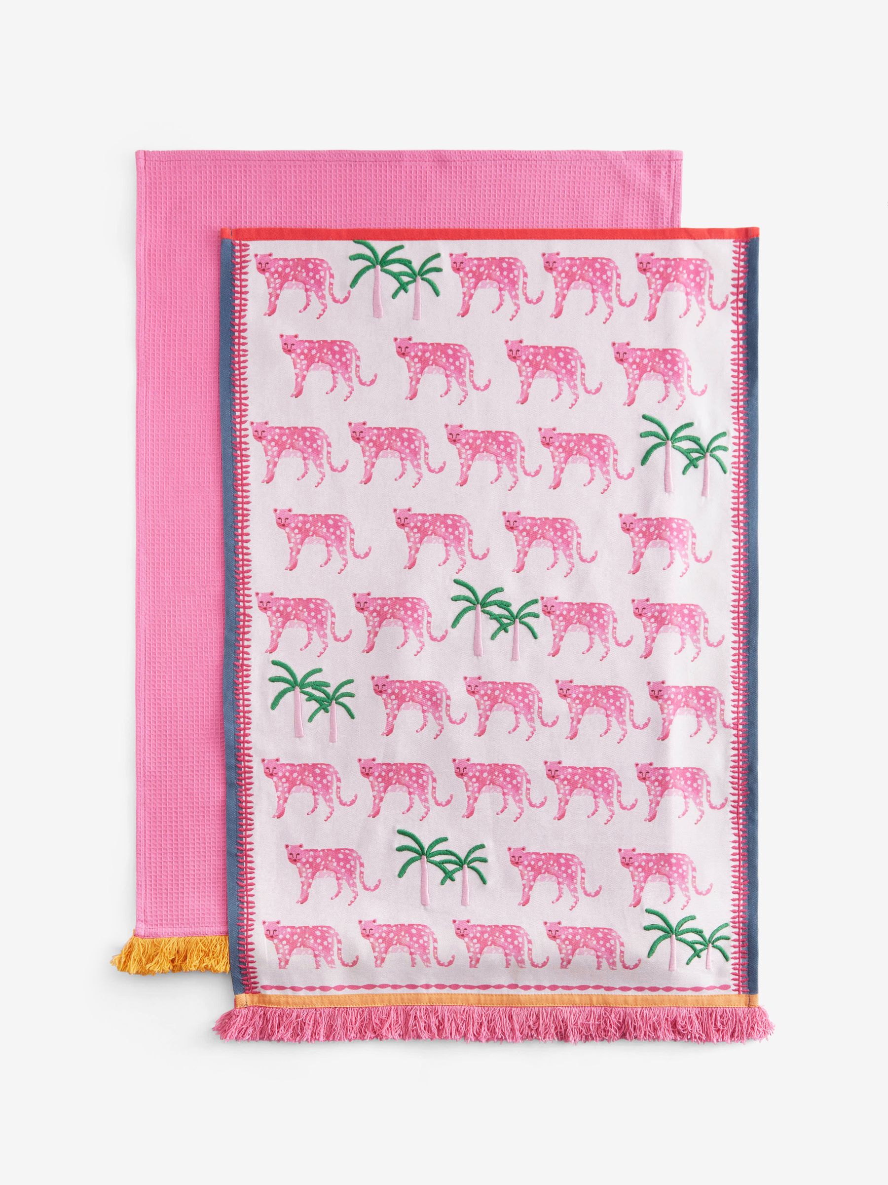 Buy Set of 2 Pink Embroidered Tropical Leopard Tea Towels from the Next ...